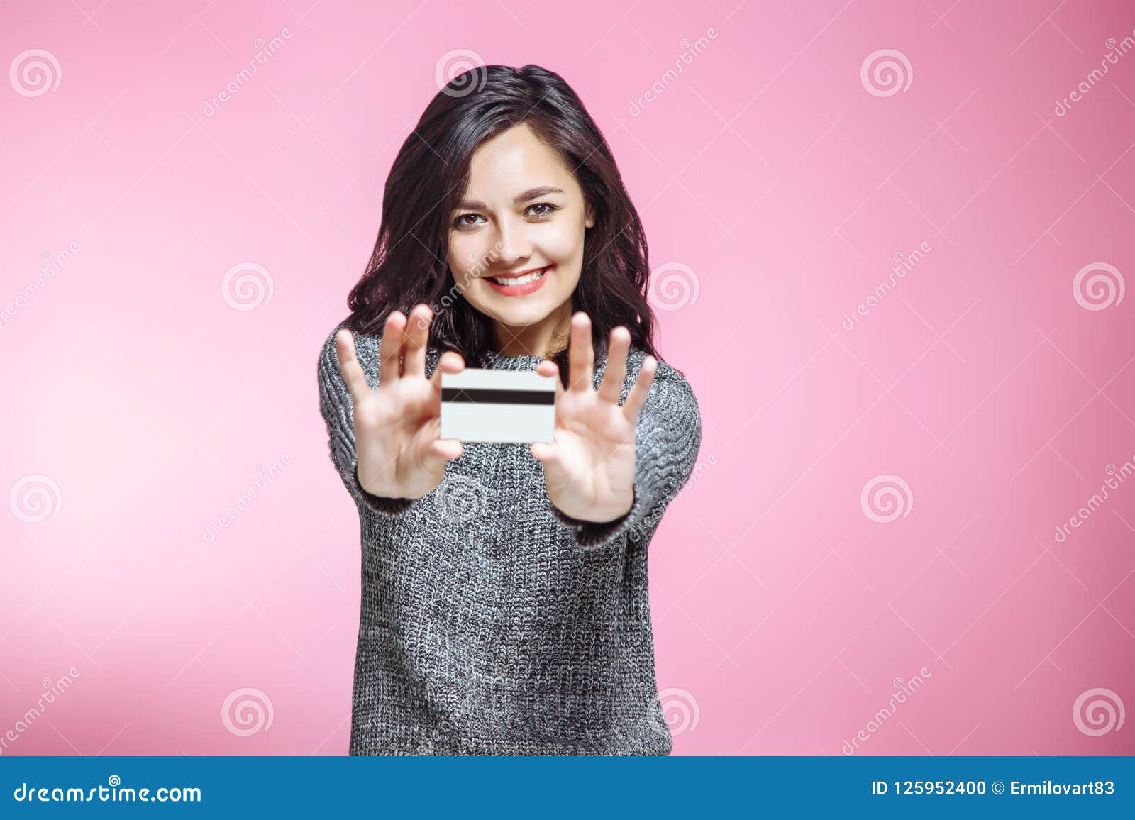 Portrait of Happy Young Girl Holding Credit Card Over Pink Background ... Portrait of Happy Young Girl Holding Credit Card Over Pink Background ...