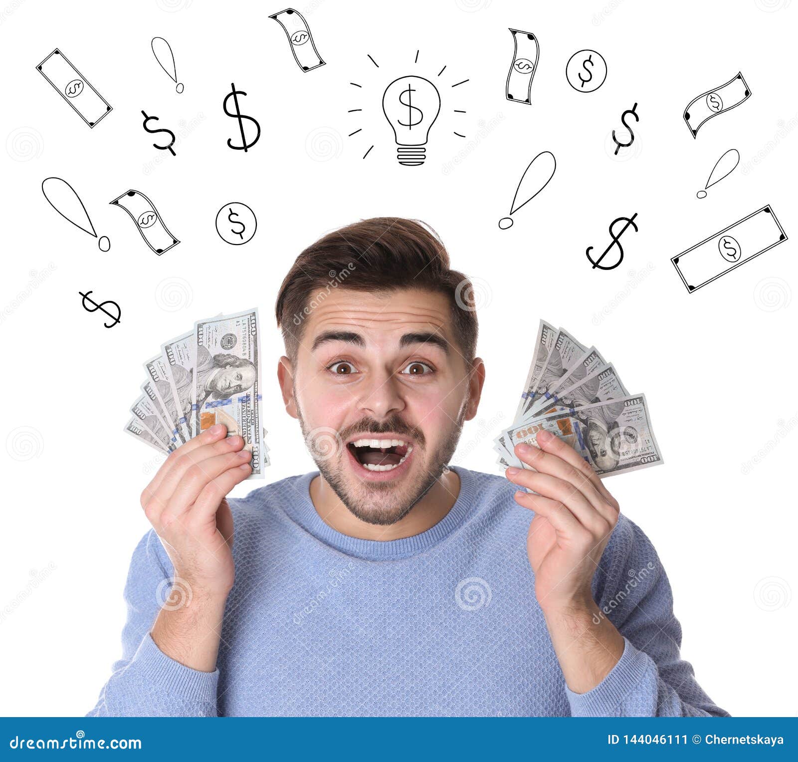 Portrait of Happy Young Man with Money on White Stock Image - Image of ...