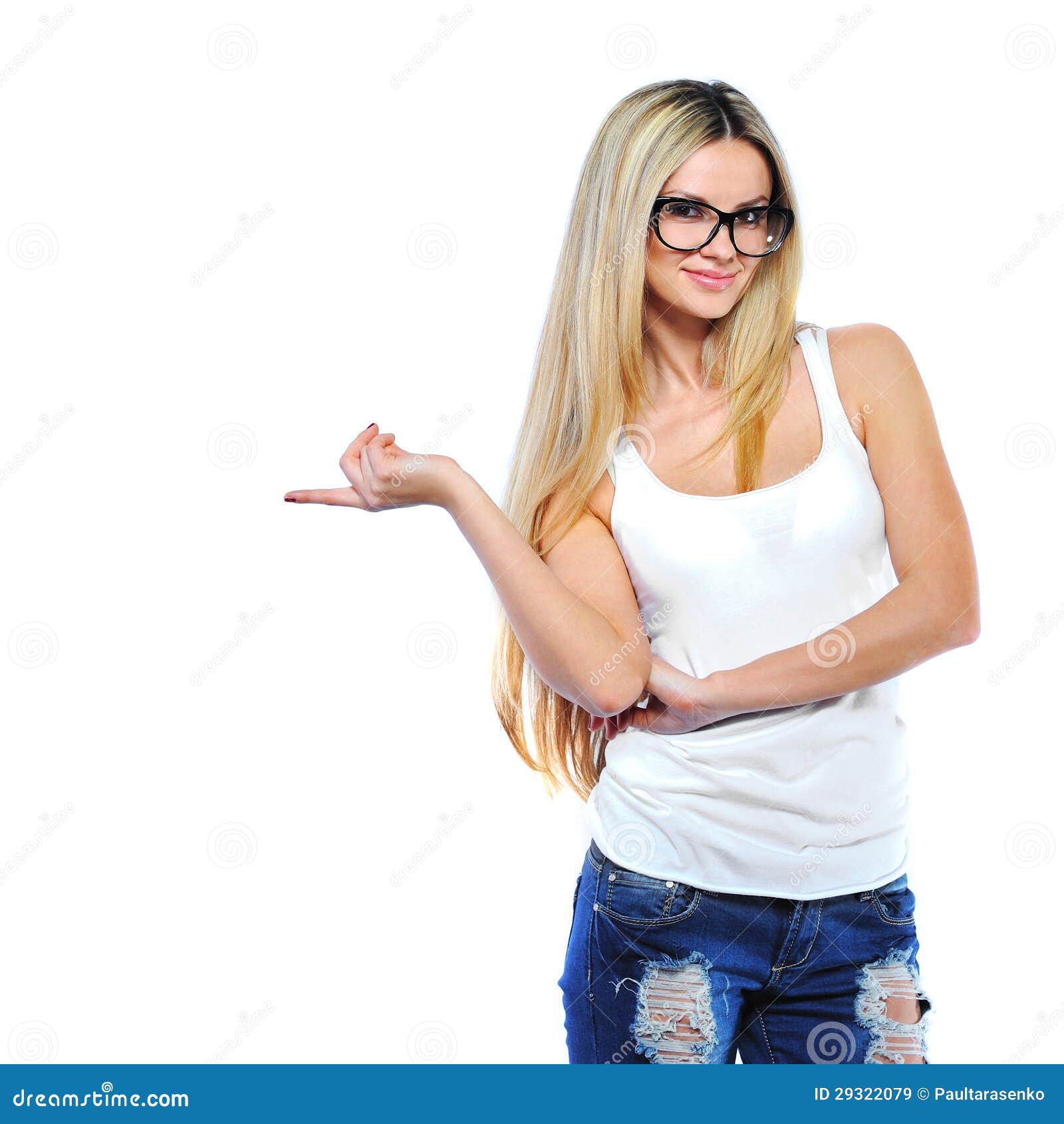 Portrait of Happy Young Woman Pointing at Something Interesting Stock ...