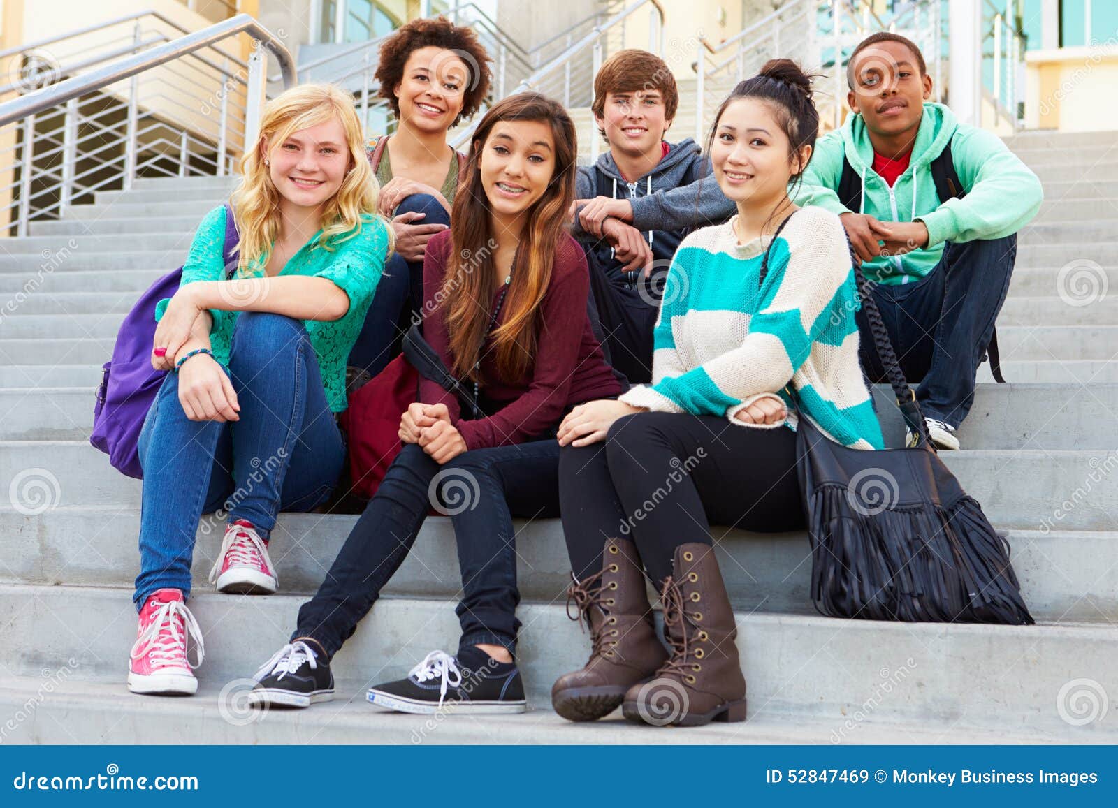 Portrait of High School Students Sitting Outside Building Stock Image ...