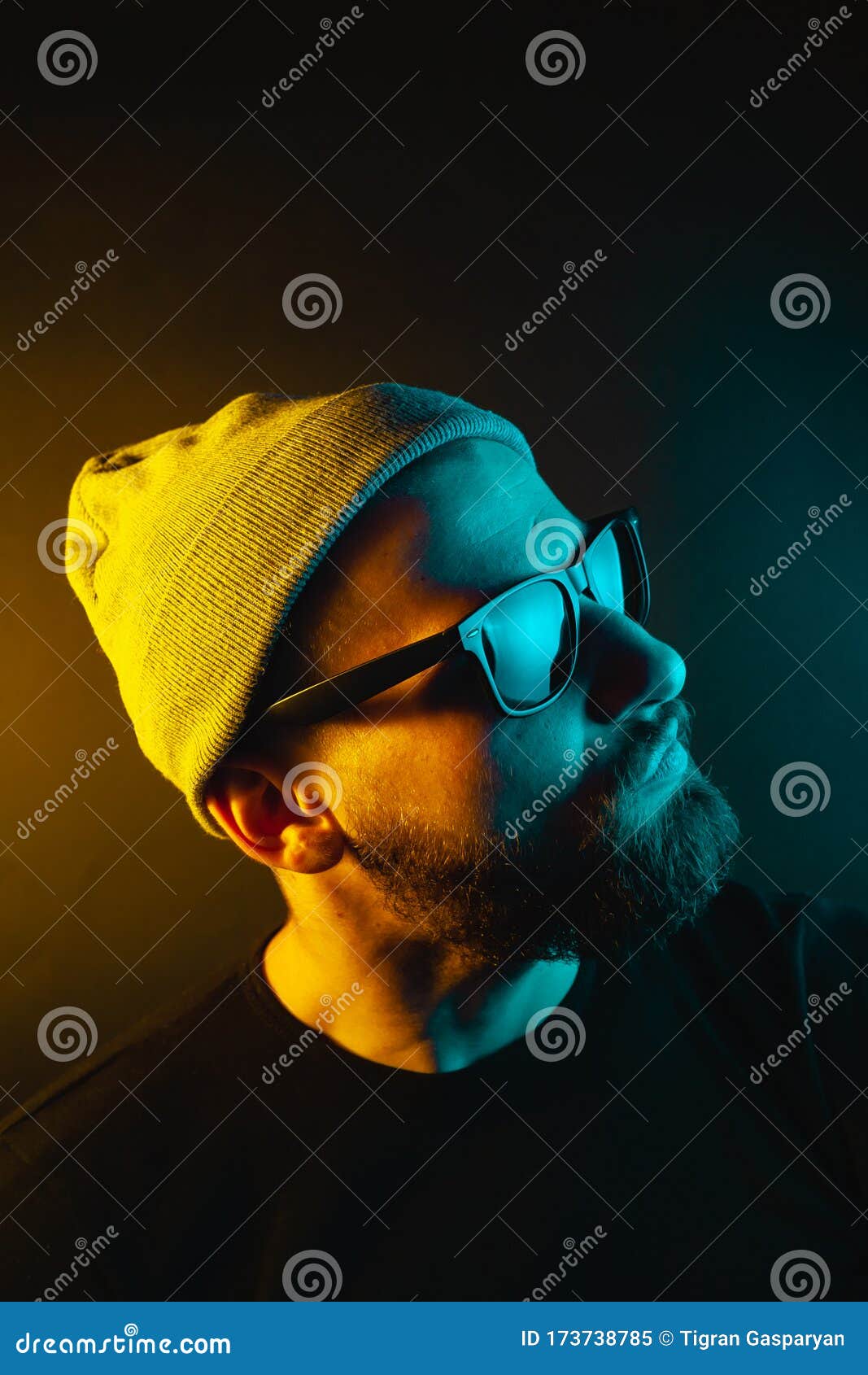 Portrait of a Hipster Guy with Color Light. Hipster Face Portrait in ...