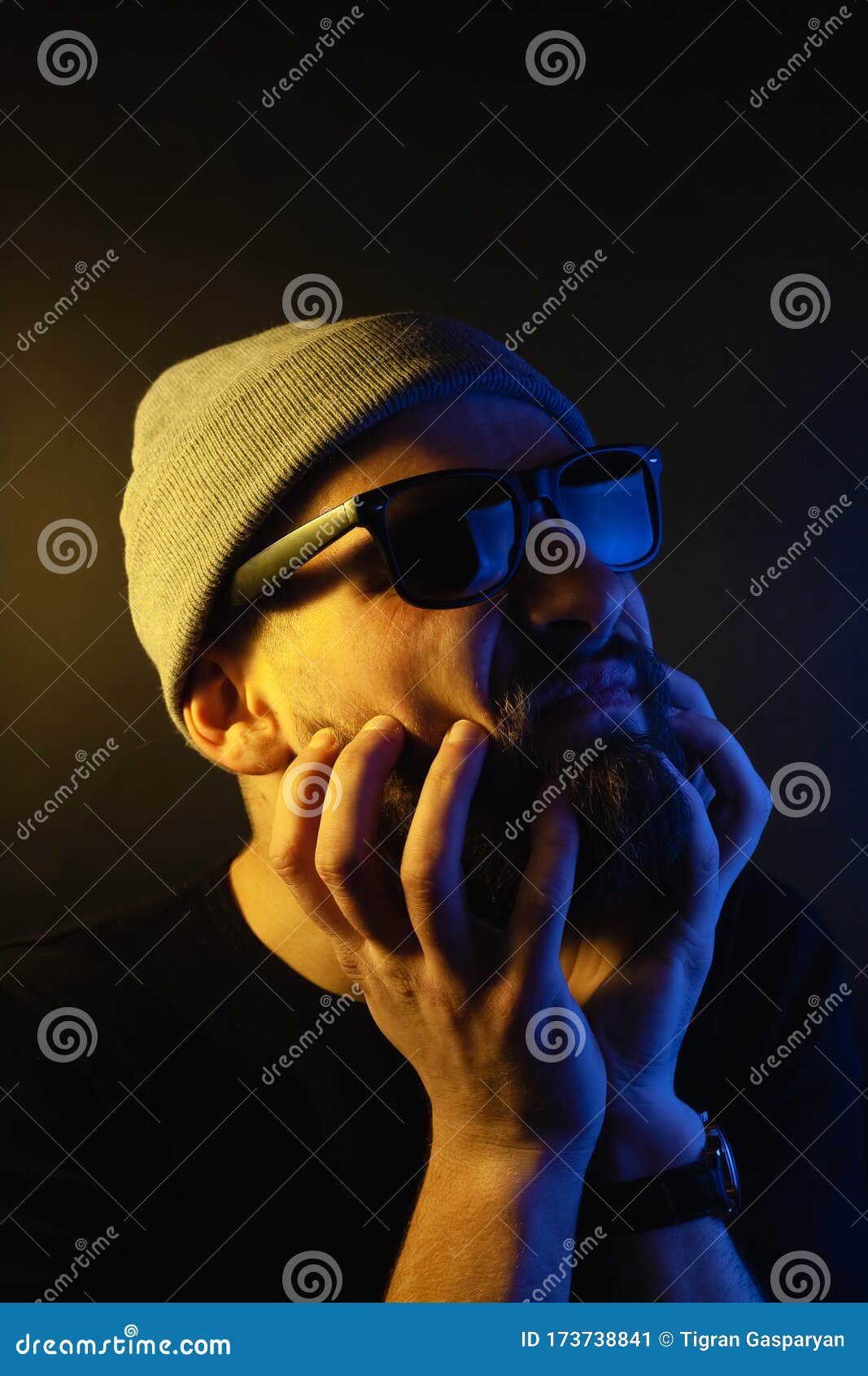 Portrait of a Hipster Guy with Color Light. Hipster Face Portrait in ...