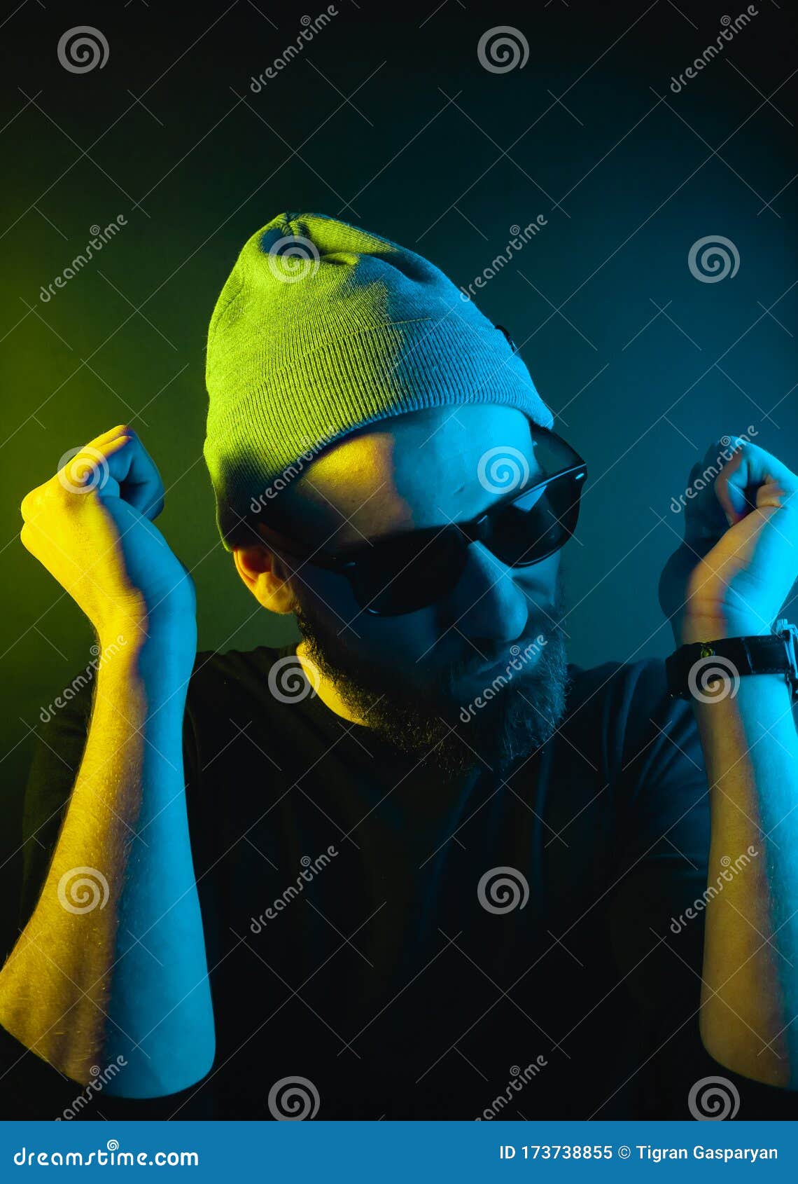 Portrait of a Hipster Guy with Color Light. Hipster Face Portrait in ...