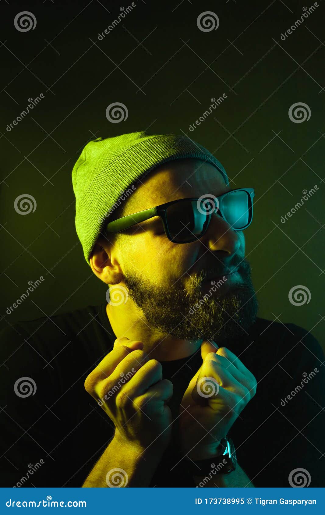 Portrait of a Hipster Guy with Color Light. Hipster Face Portrait in ...