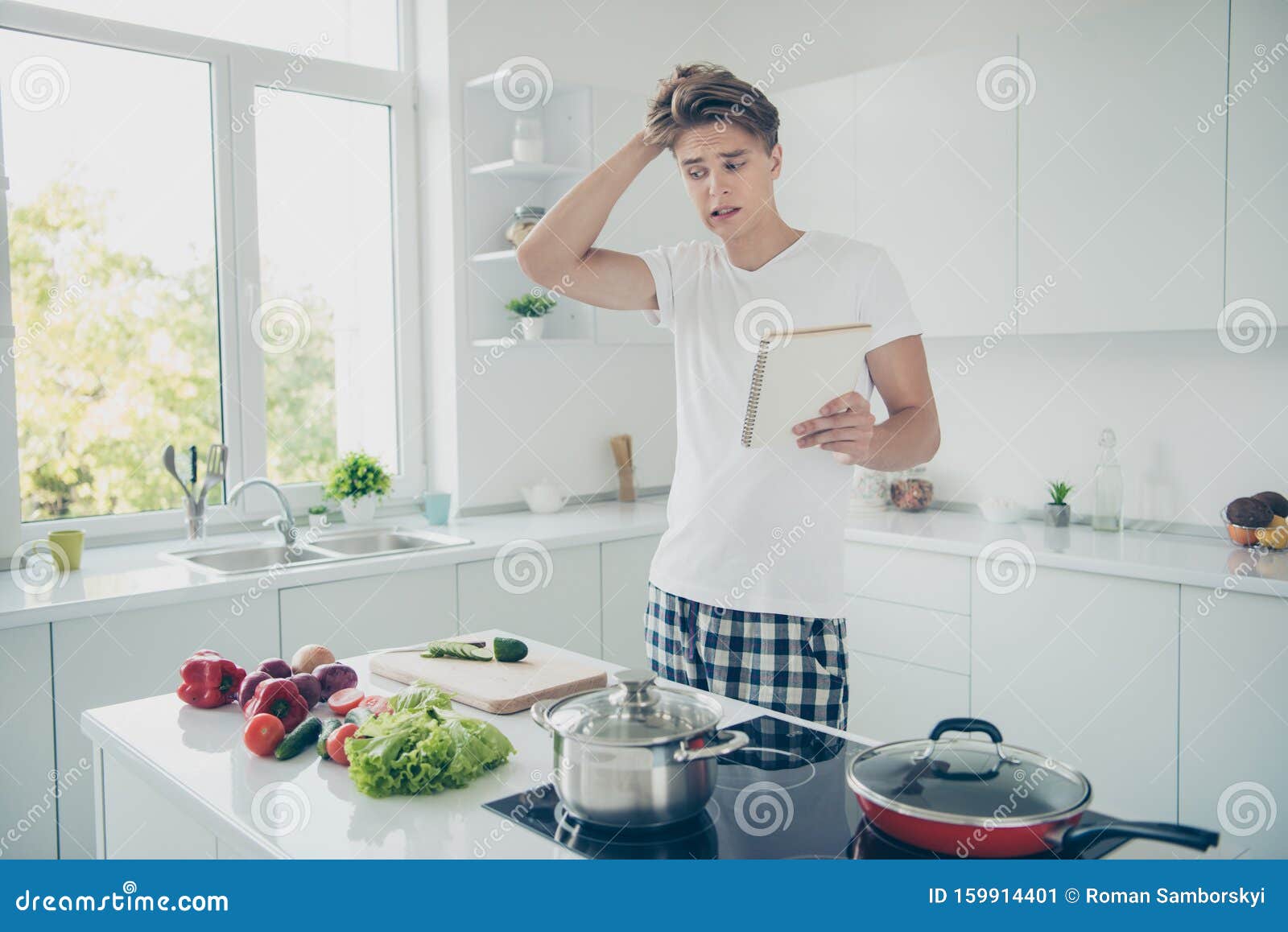 Portrait of His he Nice Attractive Confused Guy Making Organic Lunch ...