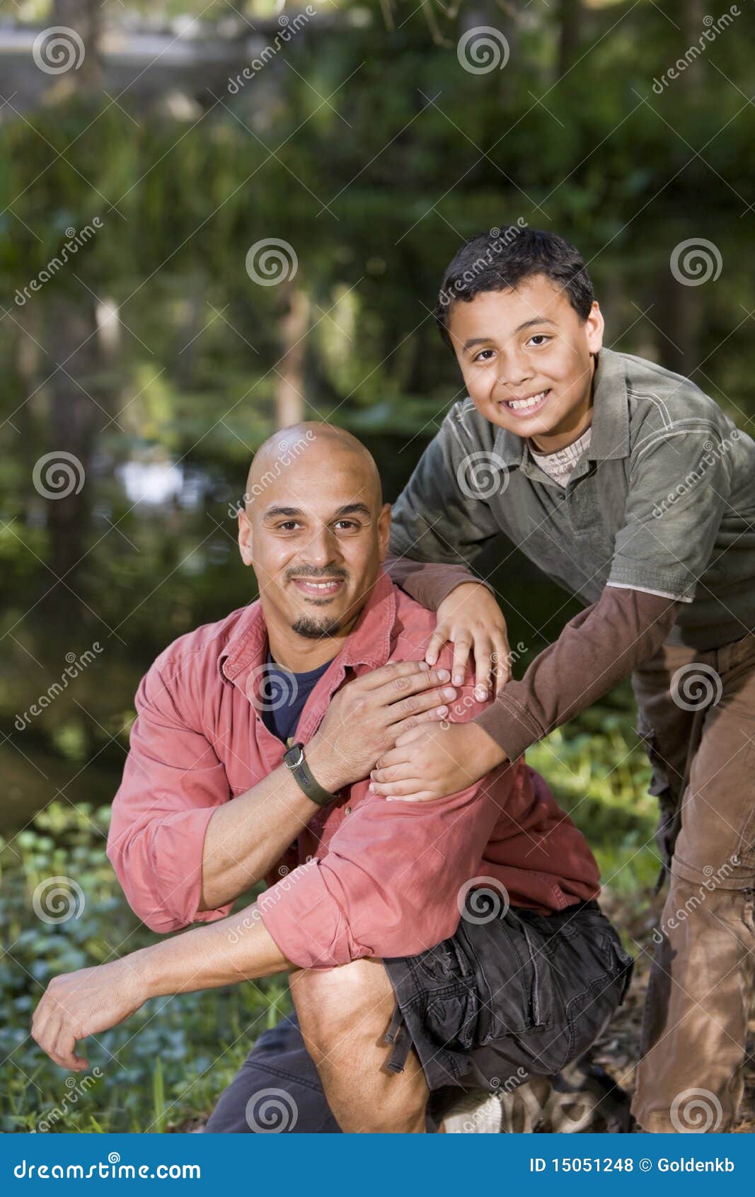 Portrait Hispanic Father and Son Outdoors by Pond Stock Photo - Image ...