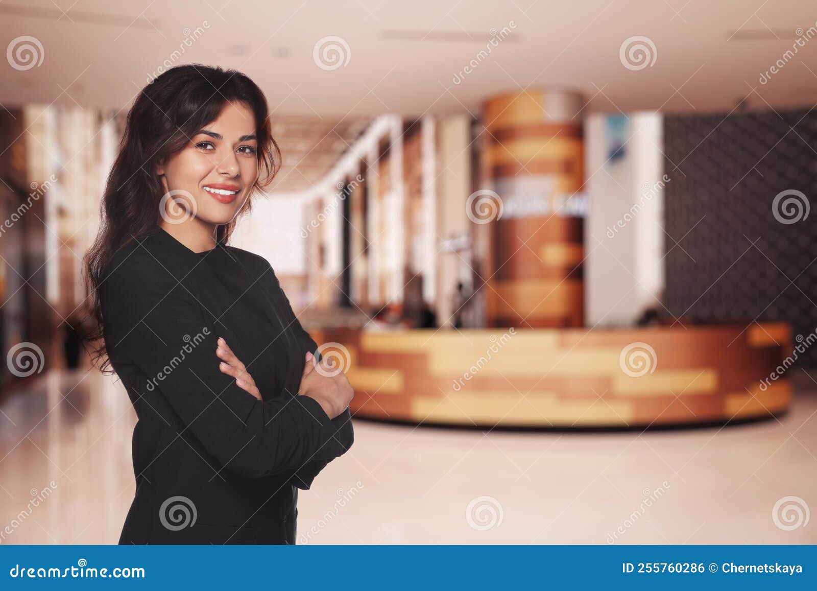 Portrait of Hostess Wearing Uniform in Shopping Mall. Space for Text ...