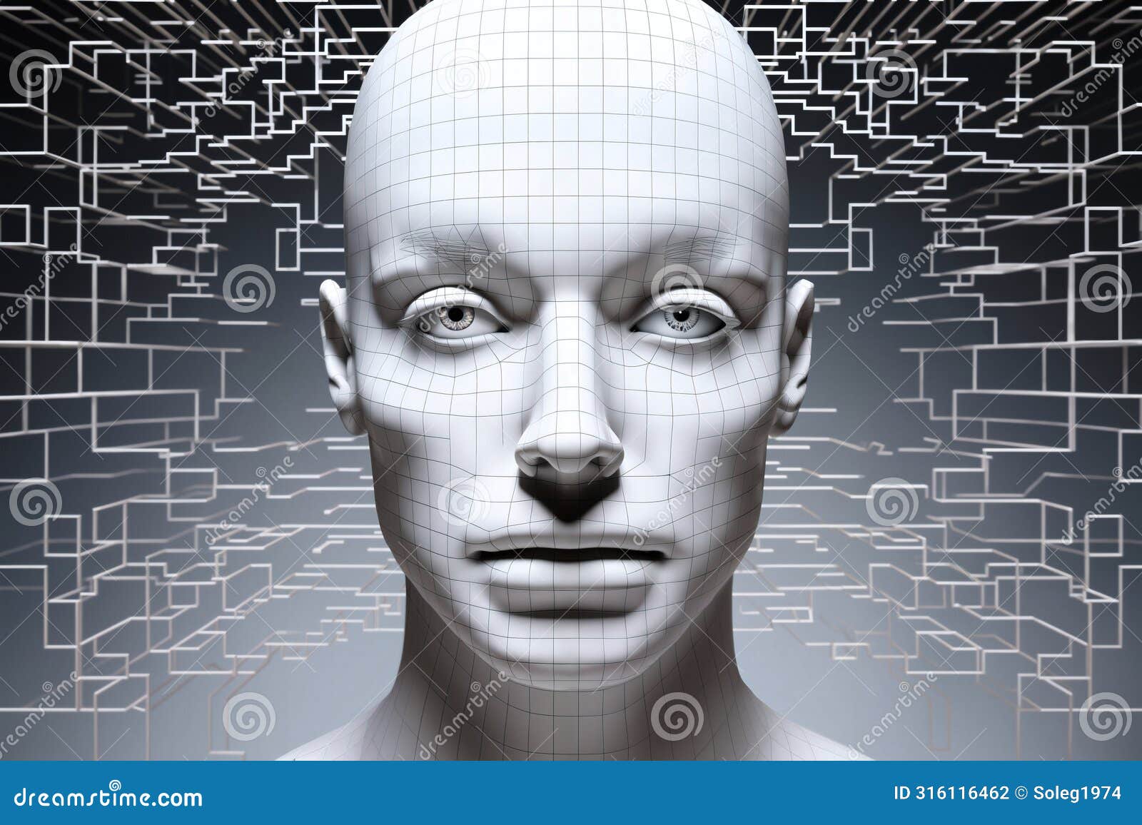 Portrait of a Humanoid Android with 3D Cubes and Shapes, and Particles ...