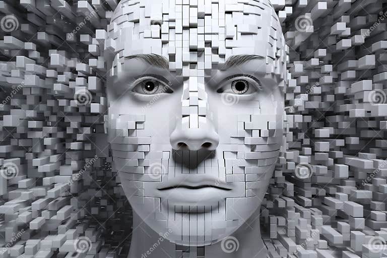 Portrait of a Humanoid Android with 3D Cubes and Shapes, and Particles ...