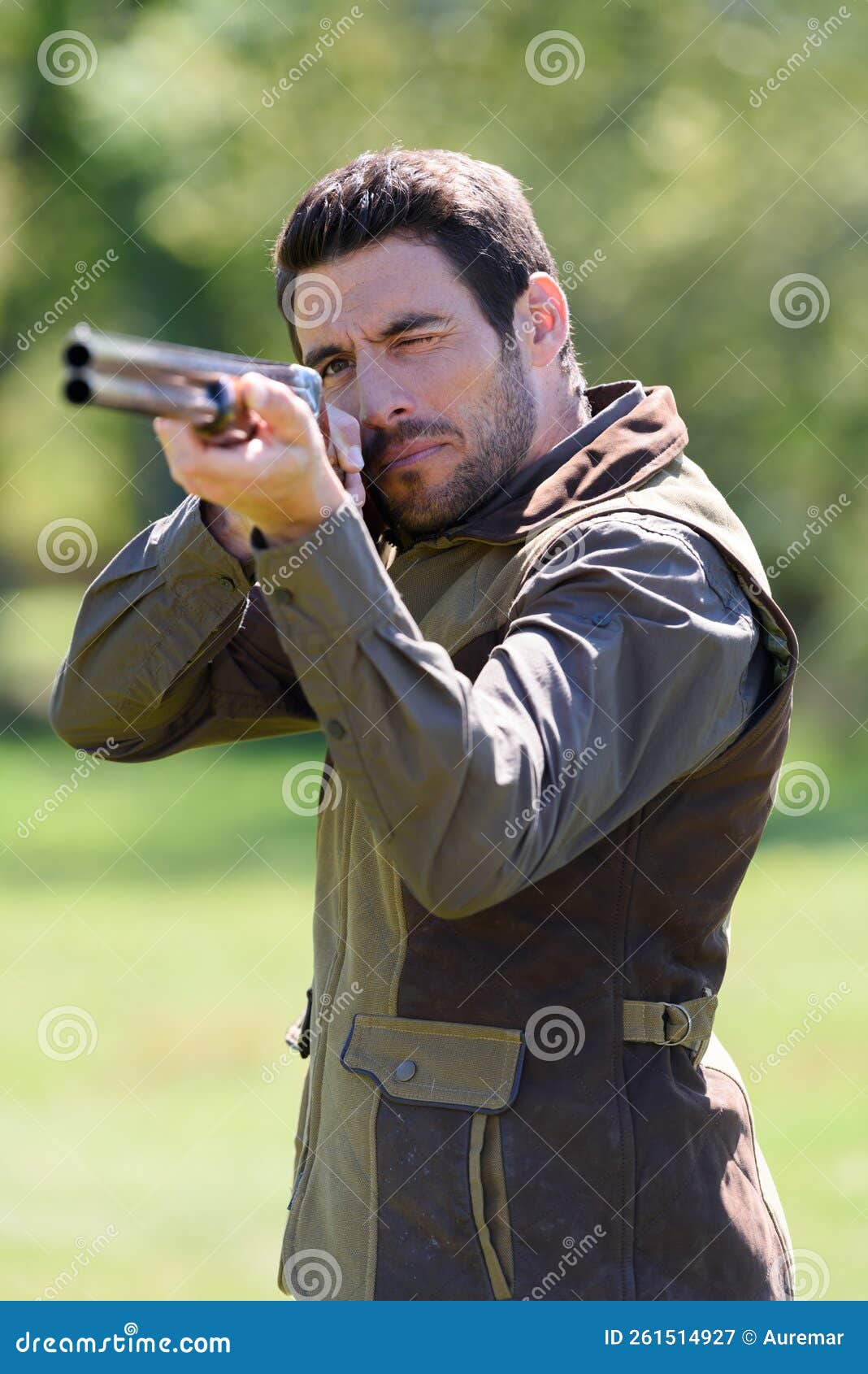 Portrait Hunter Pointing Gun Outdoors Stock Image - Image of rough ...