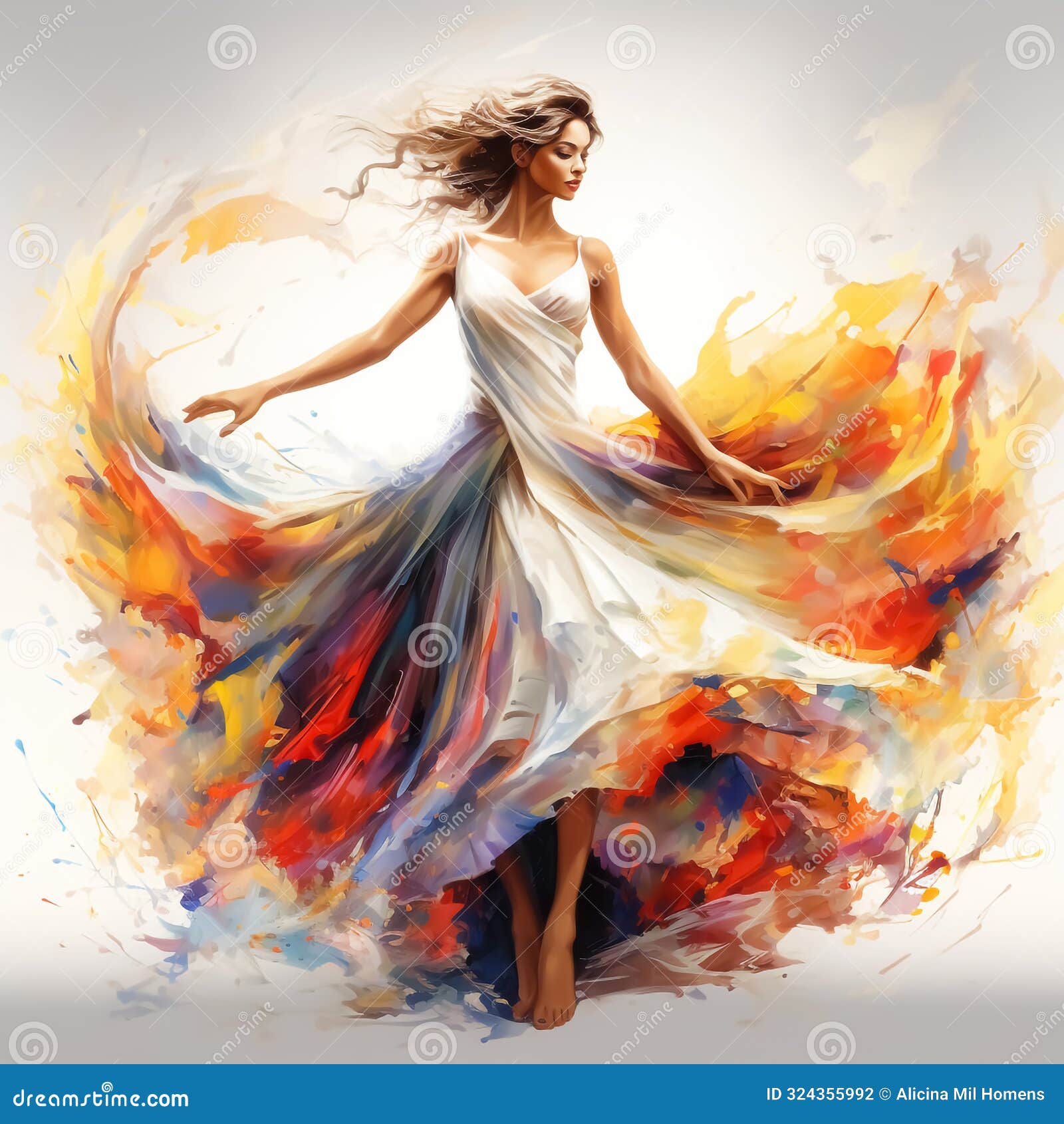 Portrait Illustration of Dancer with Dress Made of Paint and Splashes ...