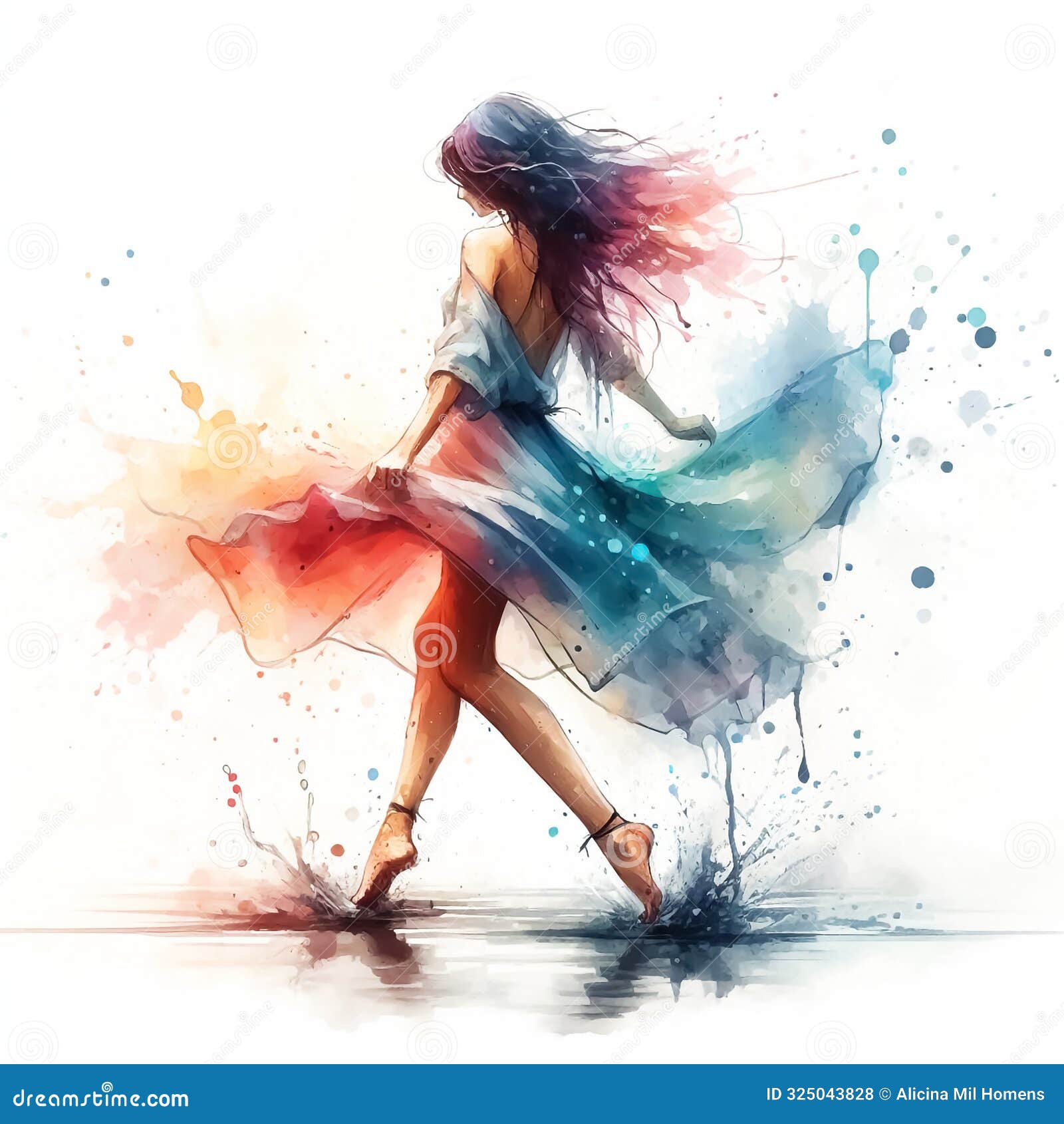Portrait Illustration of Dancer with Dress Made of Paint and Splashes ...