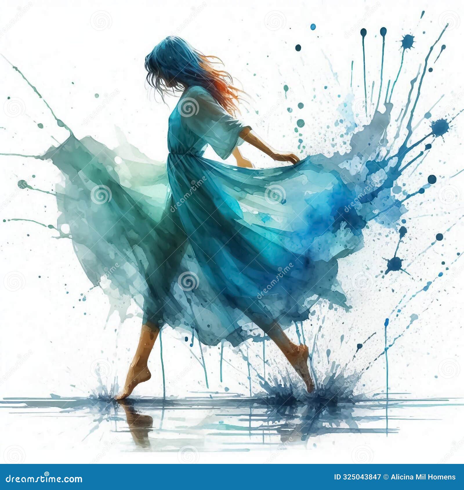 Portrait Illustration of Dancer with Dress Made of Paint and Splashes ...