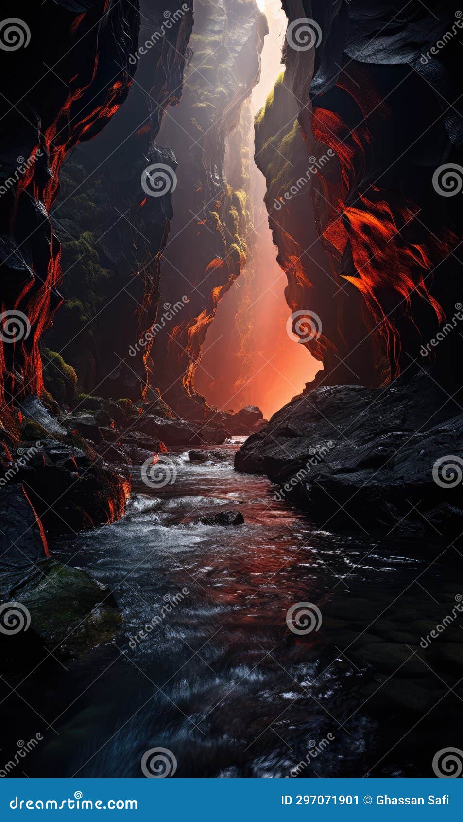 An Open Cave with a Water Stream Flowing through Stock Illustration ...