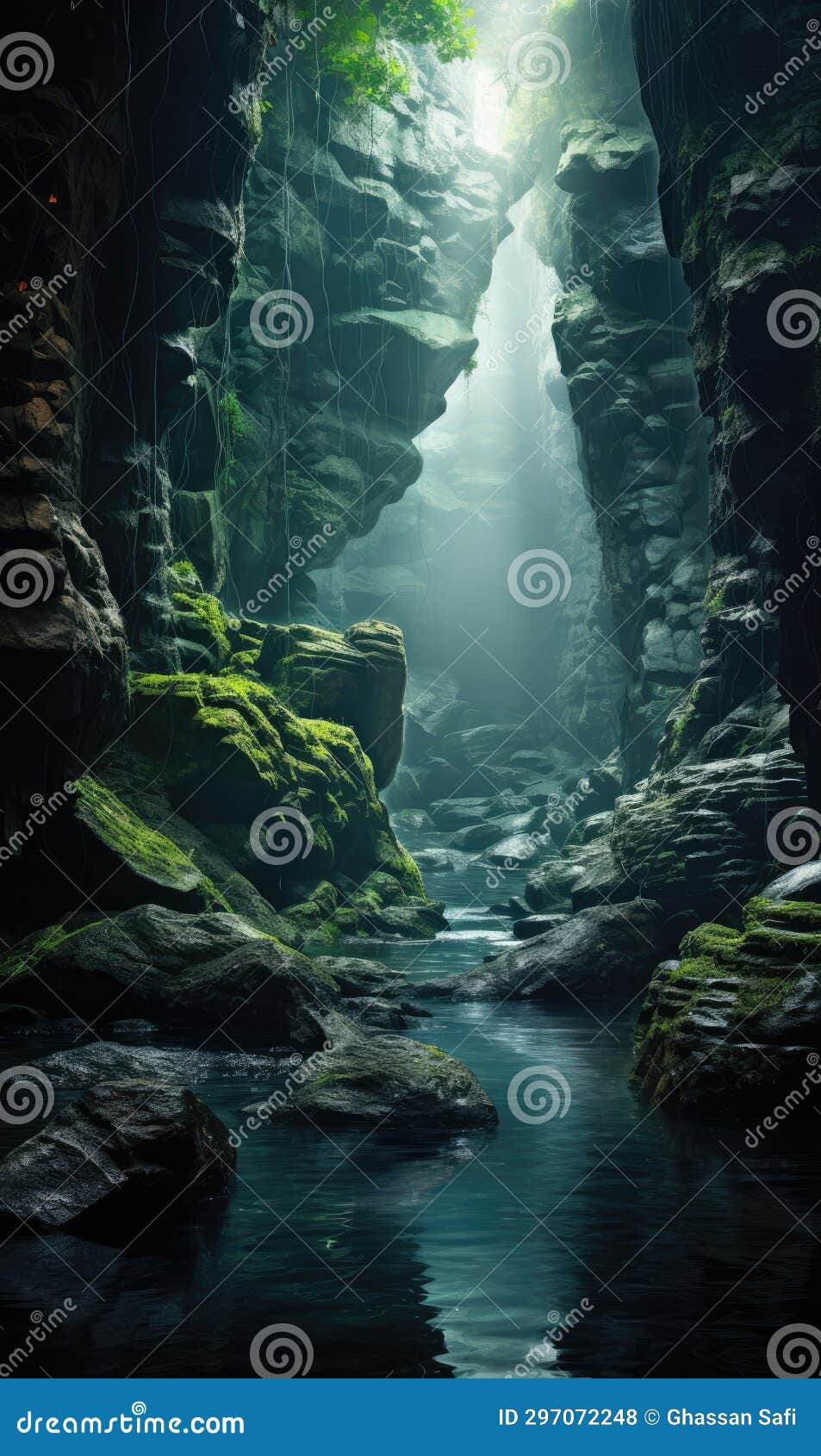 An Open Cave with a Water Stream Flowing through Stock Illustration ...