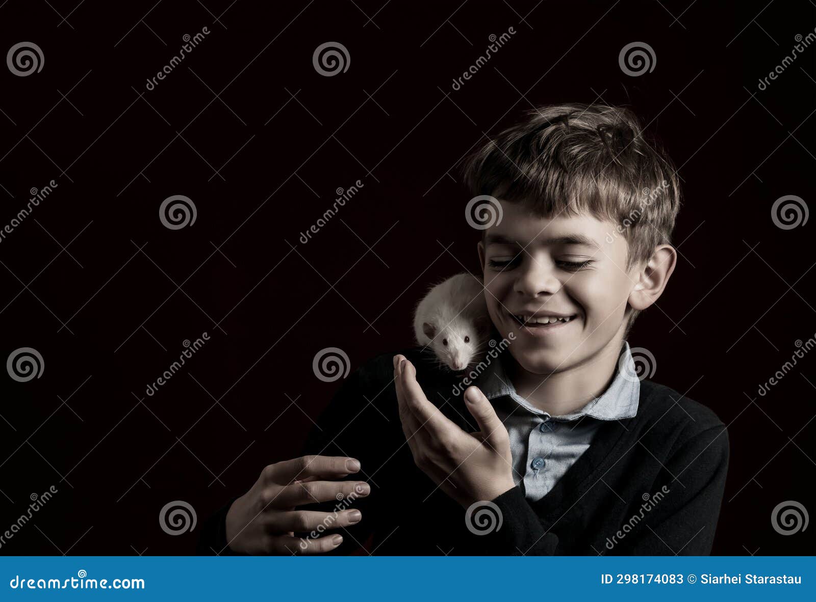 Portrait Image of a Boy with a White Rat Stock Image - Image of young ...