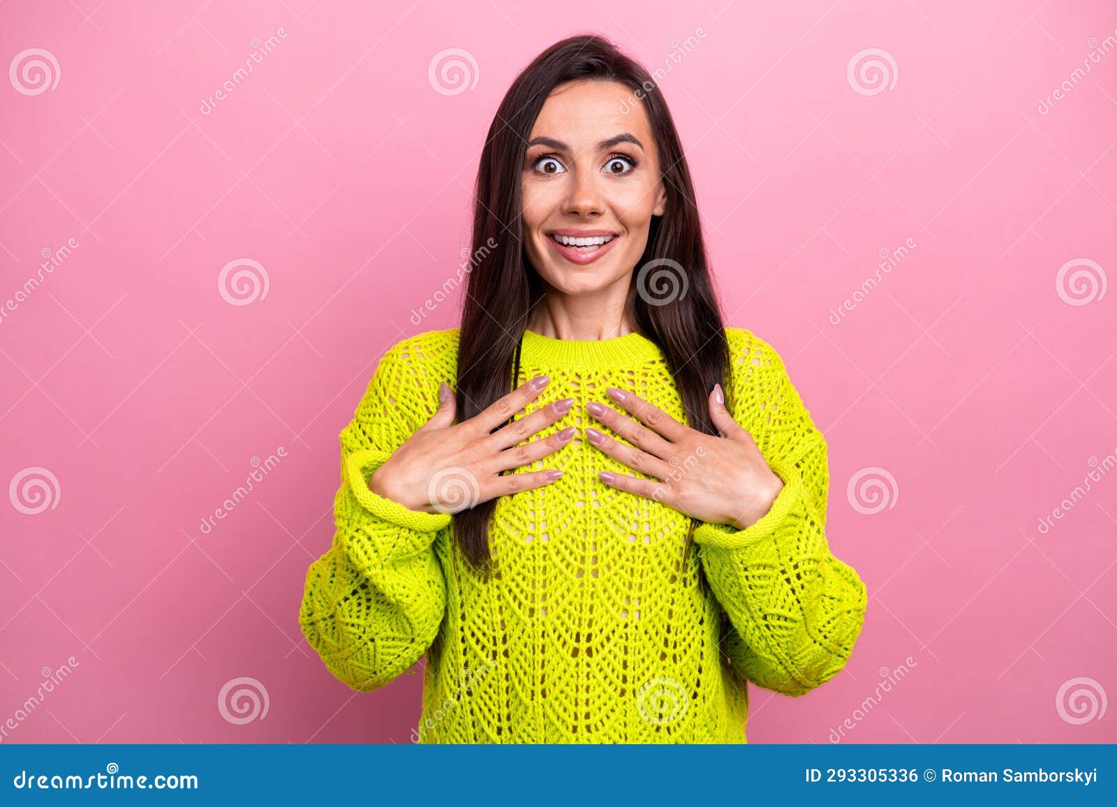Portrait Of Impressed Woman With Straight Hairdo Wear Yellow Pullover