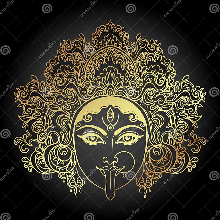 Portrait Of Indian Hindi Goddess Kali Female Blue Head With Open Moth And Out Stuck Tongue