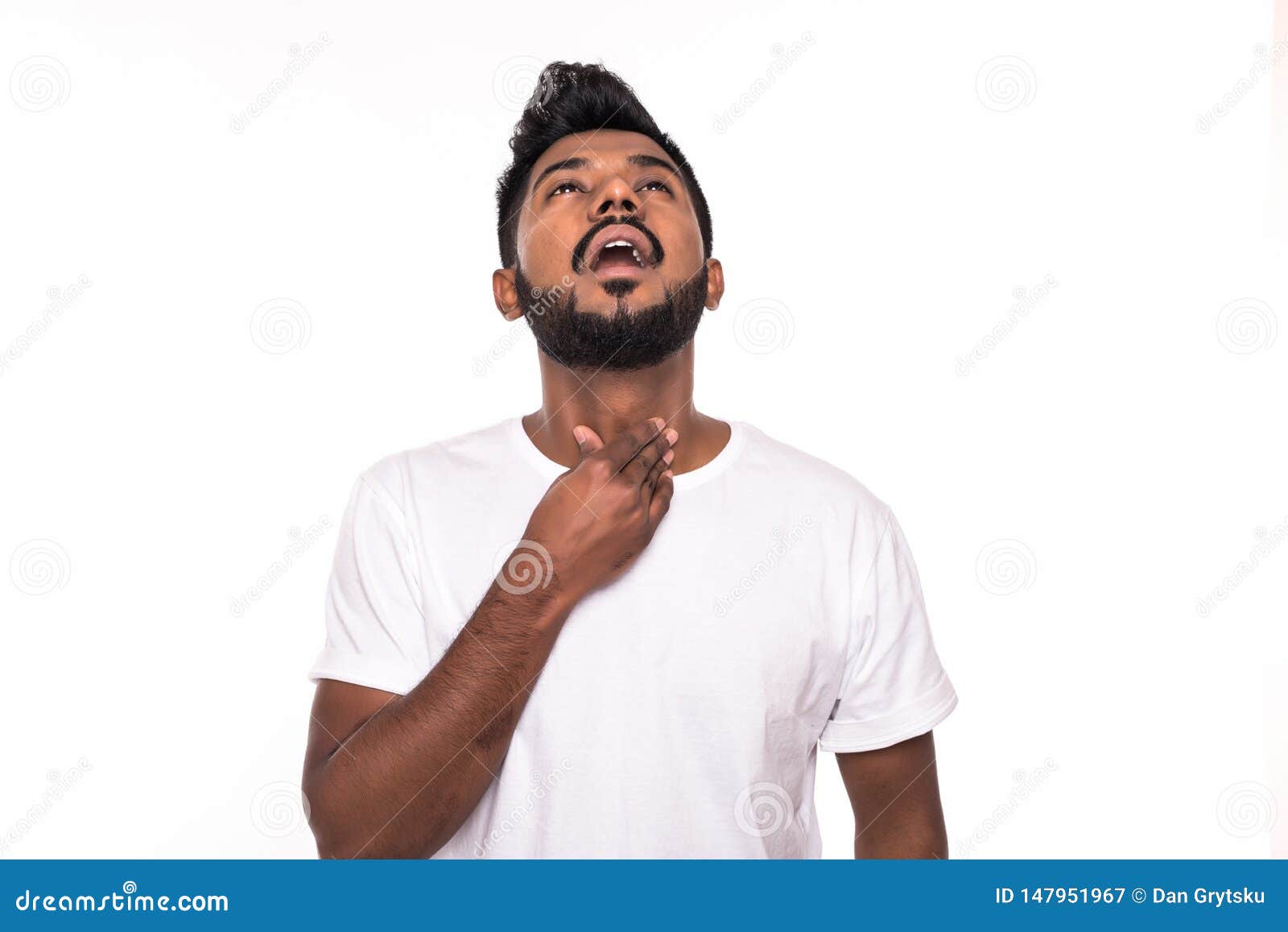 Portrait of Young Indian Man Sore Throat, Hand on Neck Clearing Throat ... Portrait of Young Indian Man Sore Throat, Hand on Neck Clearing Throat ...