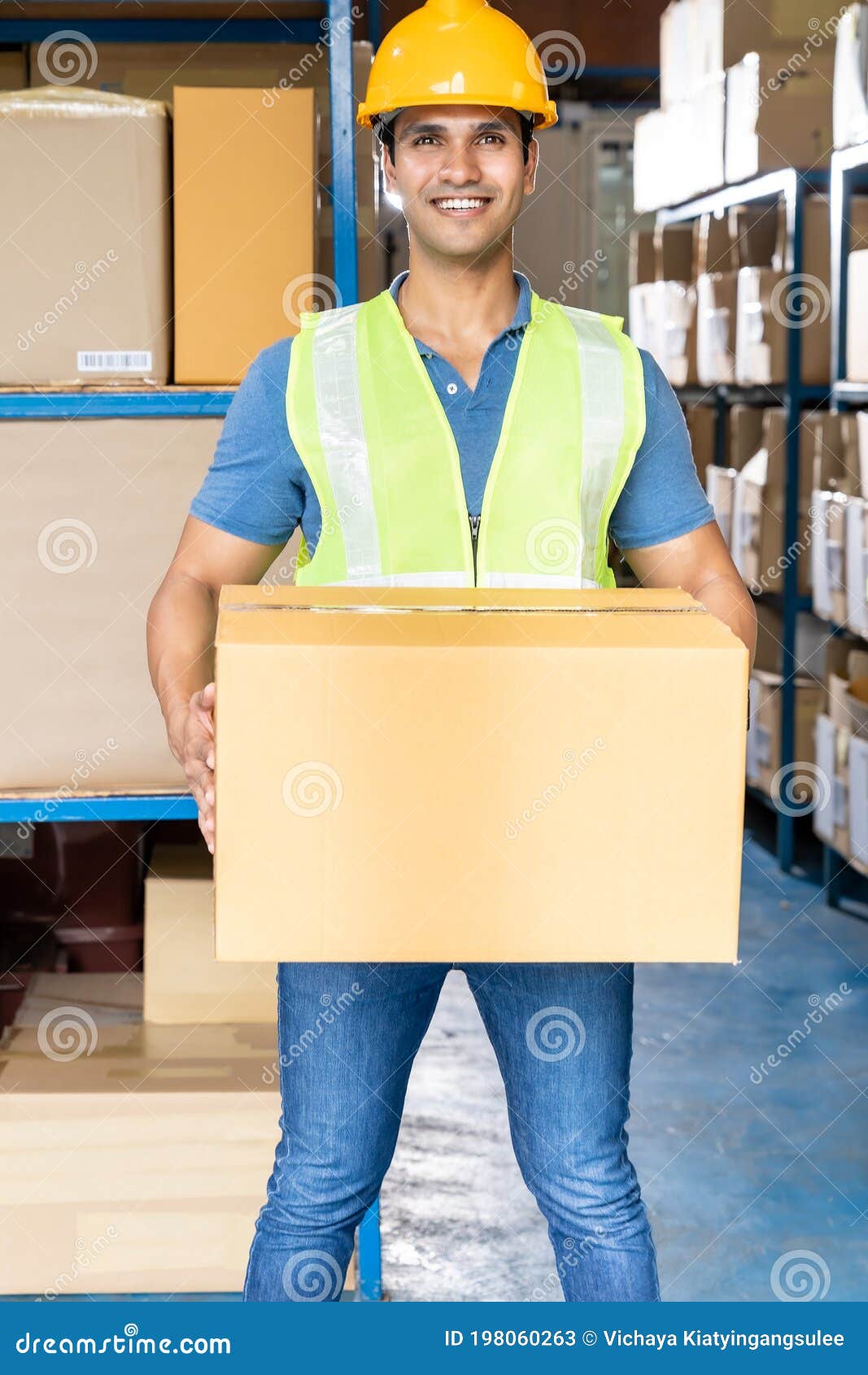 Portrait Indian Warehouse Worker Hold Cardboard Box Stock Image - Image ...
