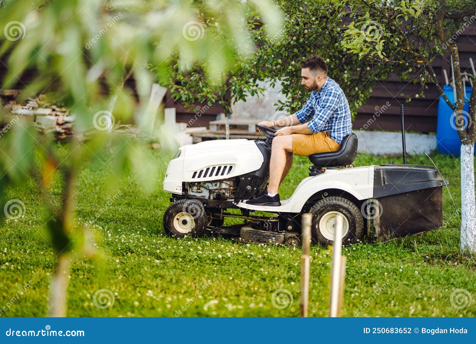 Industrial Worker Using Lawn Mower for Cutting Grass Stock Photo ...