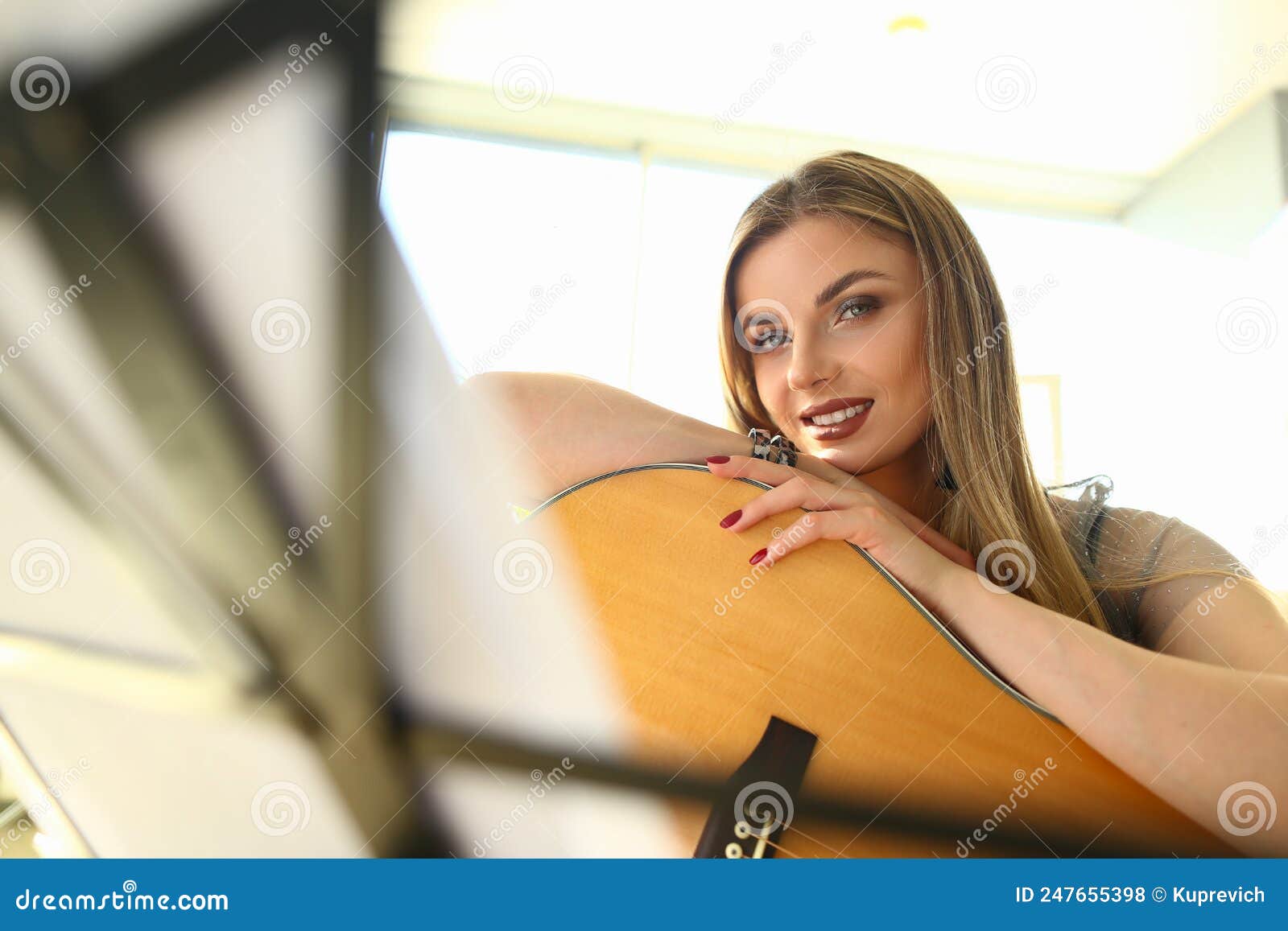 Inspired Music Composer Cute Girl Play On Guitar Creative Artist