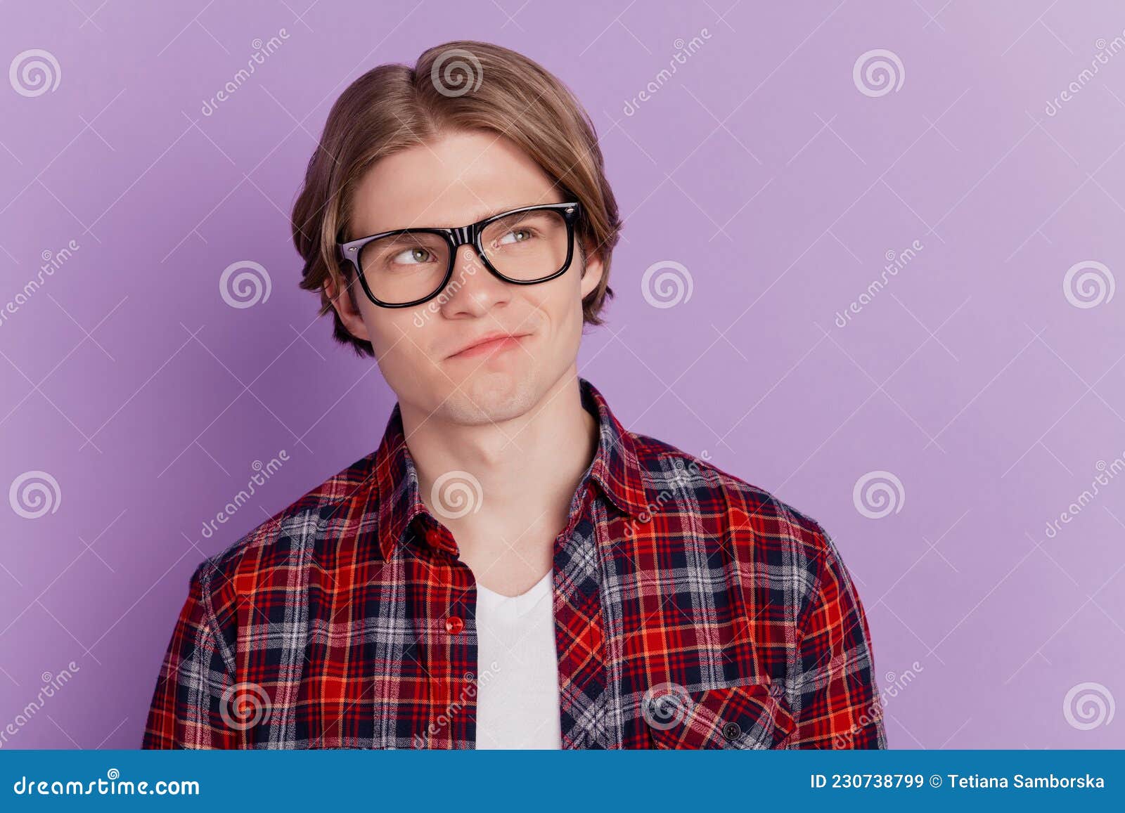 Portrait of Interested Minded Intelligent Guy Look Empty Space Unsure ...