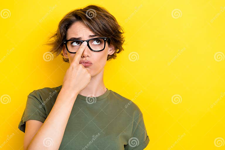 Portrait Of Interested Woman Bob Hairdo Dressed Khaki T Shirt Finger