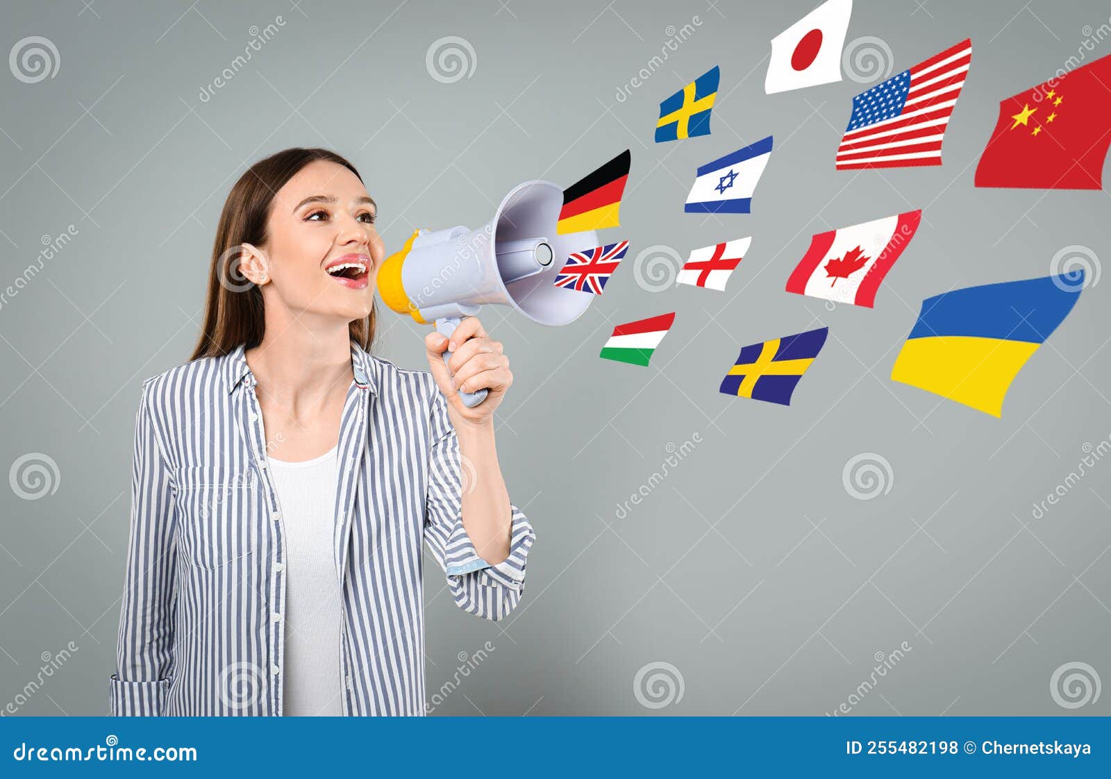 Portrait of Interpreter with Megaphone and Flags of Different Countries ...