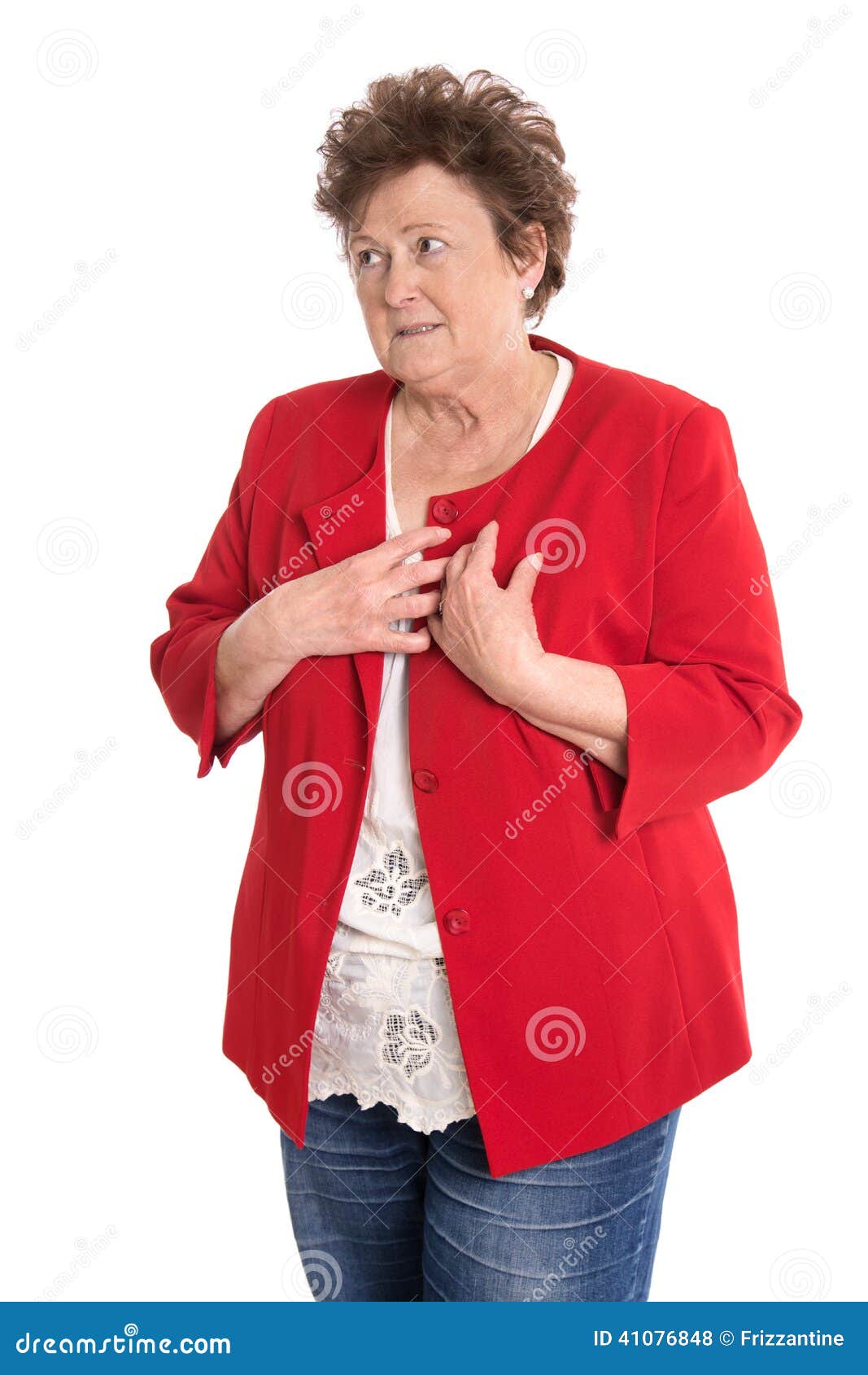 Portrait: Isolated Older Woman in Red Has Heart Problems. Stock Photo ...