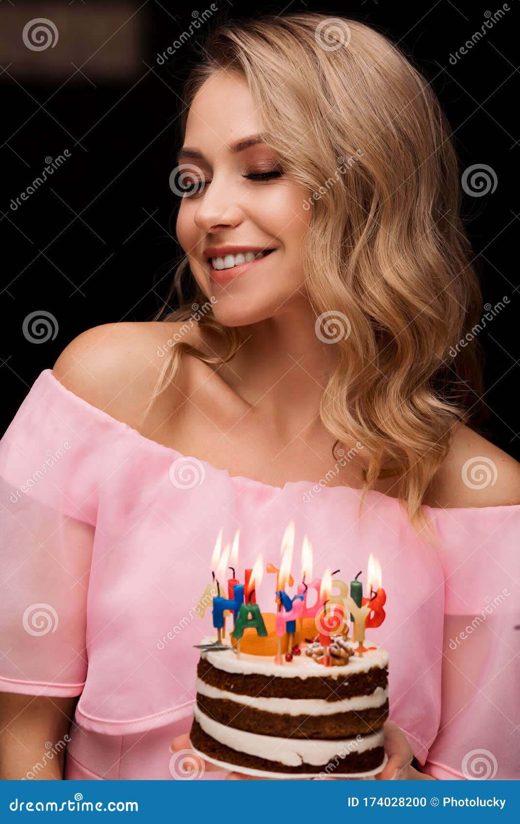 Portrait of Joyful Fashion Woman Posing Holding Cake Candles Happy ... Portrait of Joyful Fashion Woman Posing Holding Cake Candles Happy ...