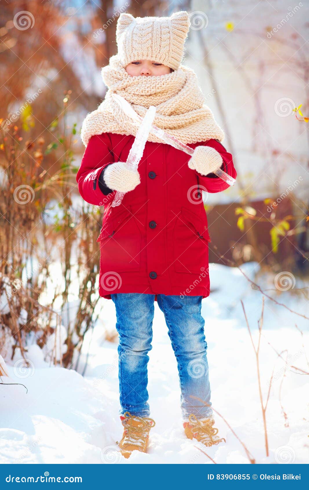 Portrait of Kid with Big Icicles during Winter Walk Stock Image - Image ...