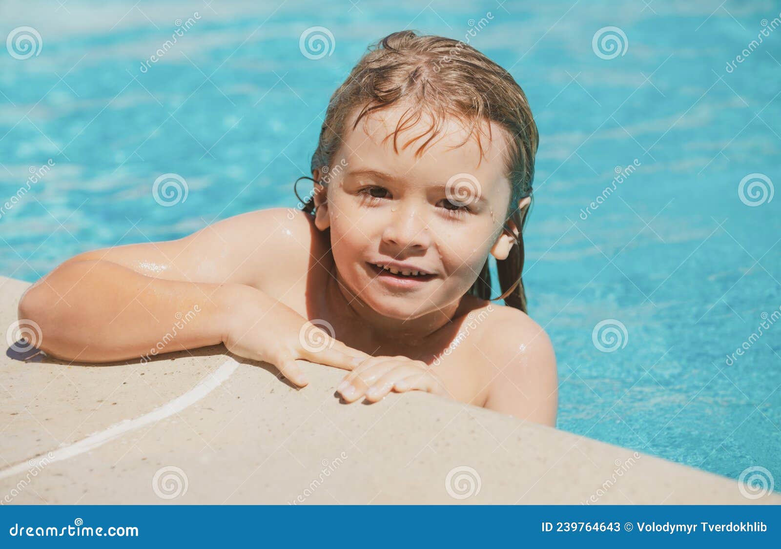 Portrait of Kid Boy Swim in Swimming Pool. Stock Image - Image of ...