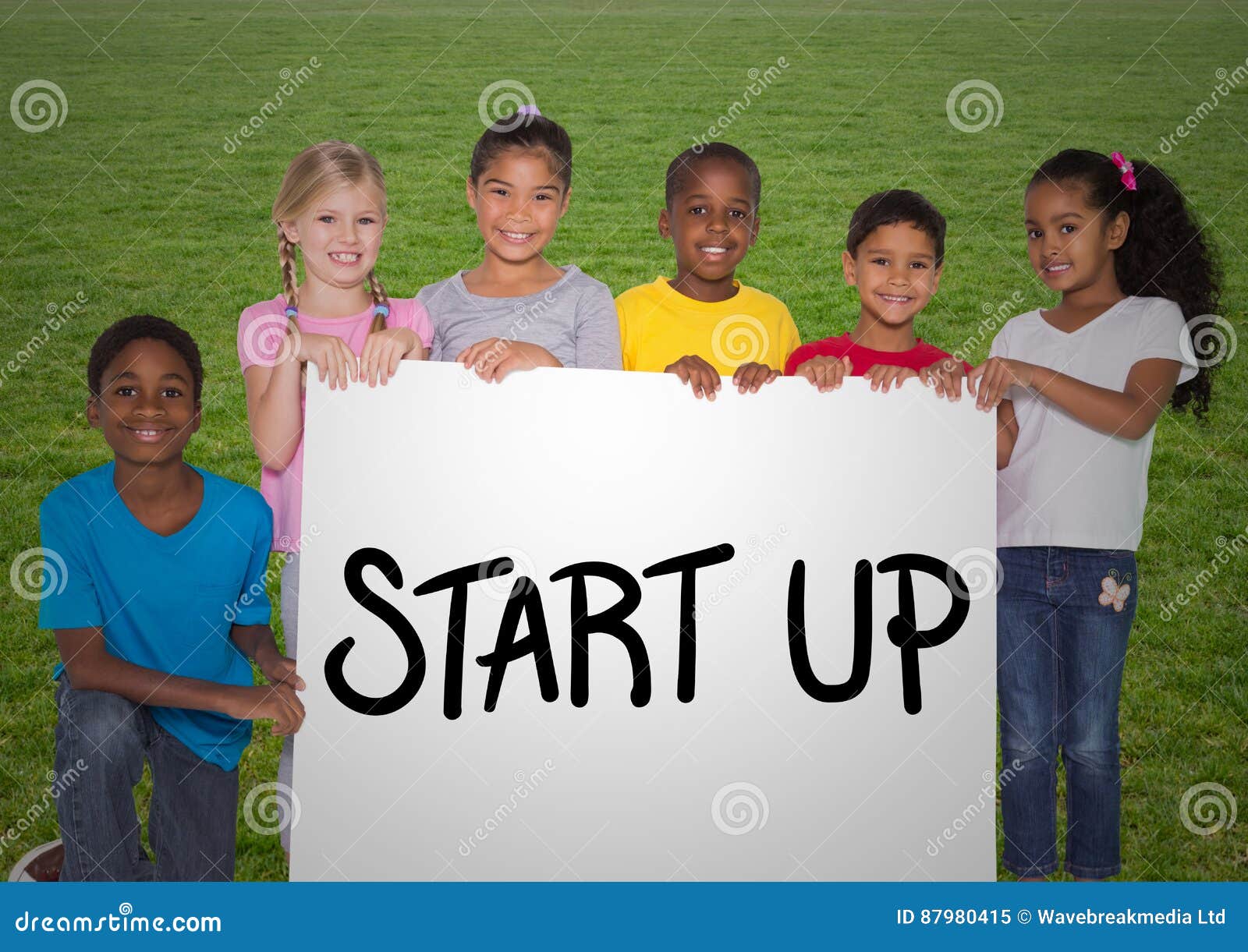Portrait of Kids Standing with Placard with Start Up Text Stock Image ...