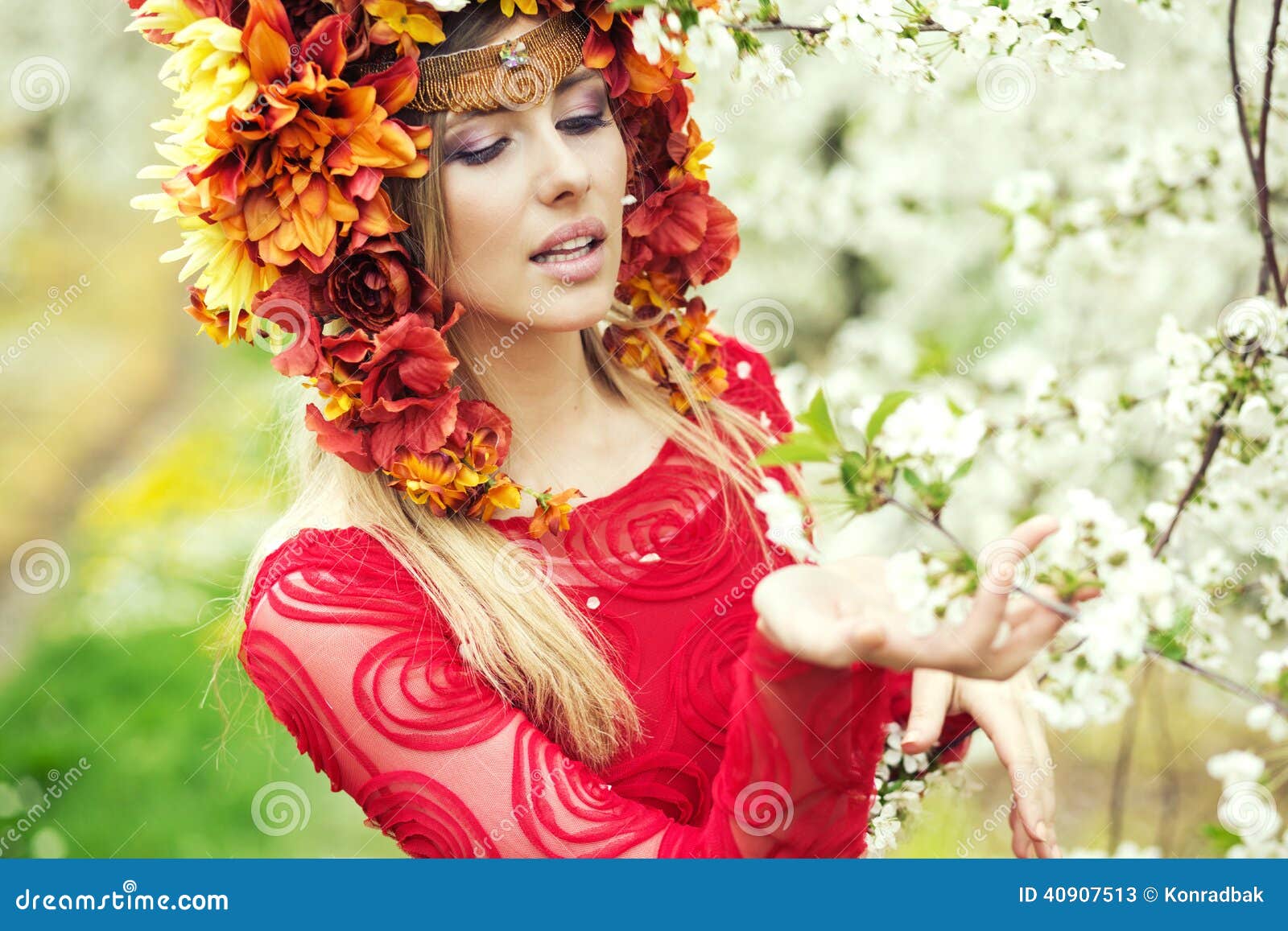 Lady With Spring Wreath And Bouquet Of Peonies In Hands And Blurred ...