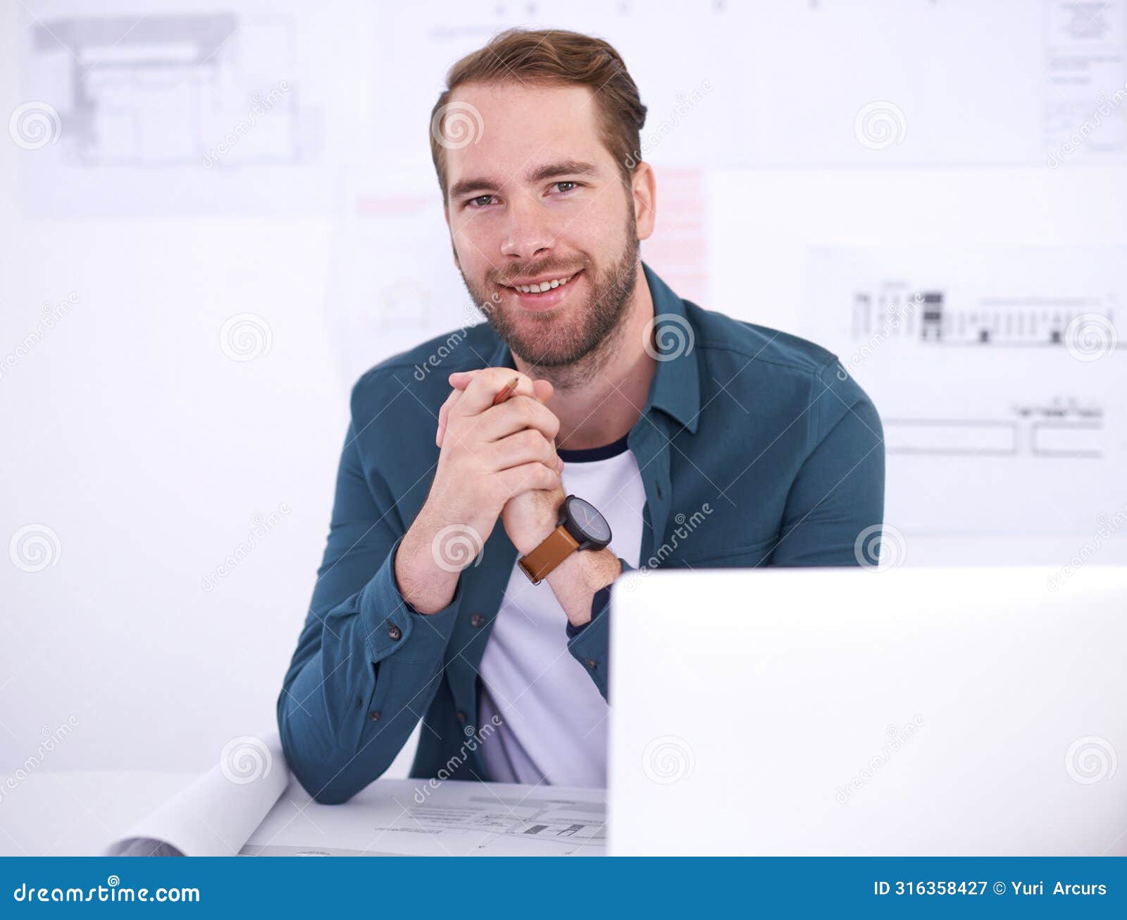 Portrait, Laptop and Blueprint with Man Developer in Office with ...