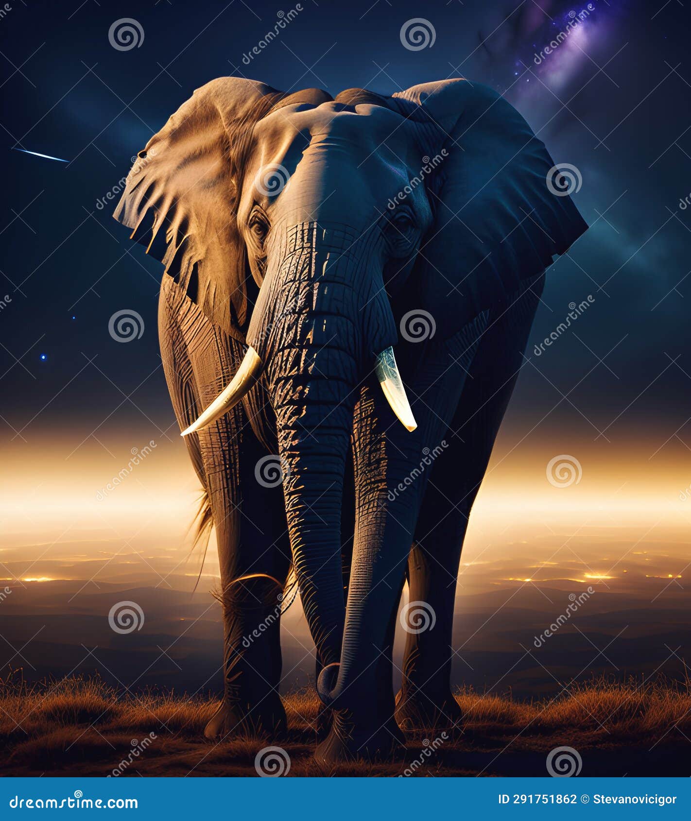 Portrait of Large Elephant at Night, Generative Ai Stock Illustration ...