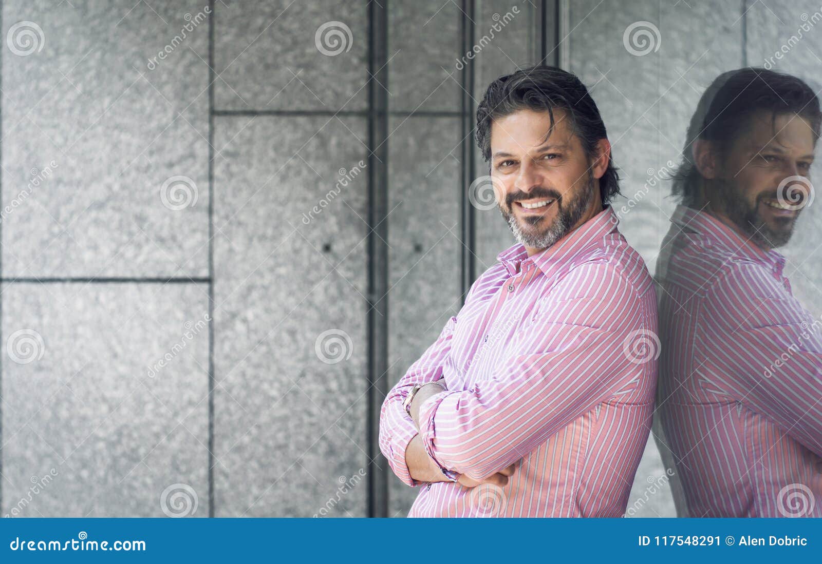 Portrait Of Laughing Adult Man Handsome Bearded Businessman Stock