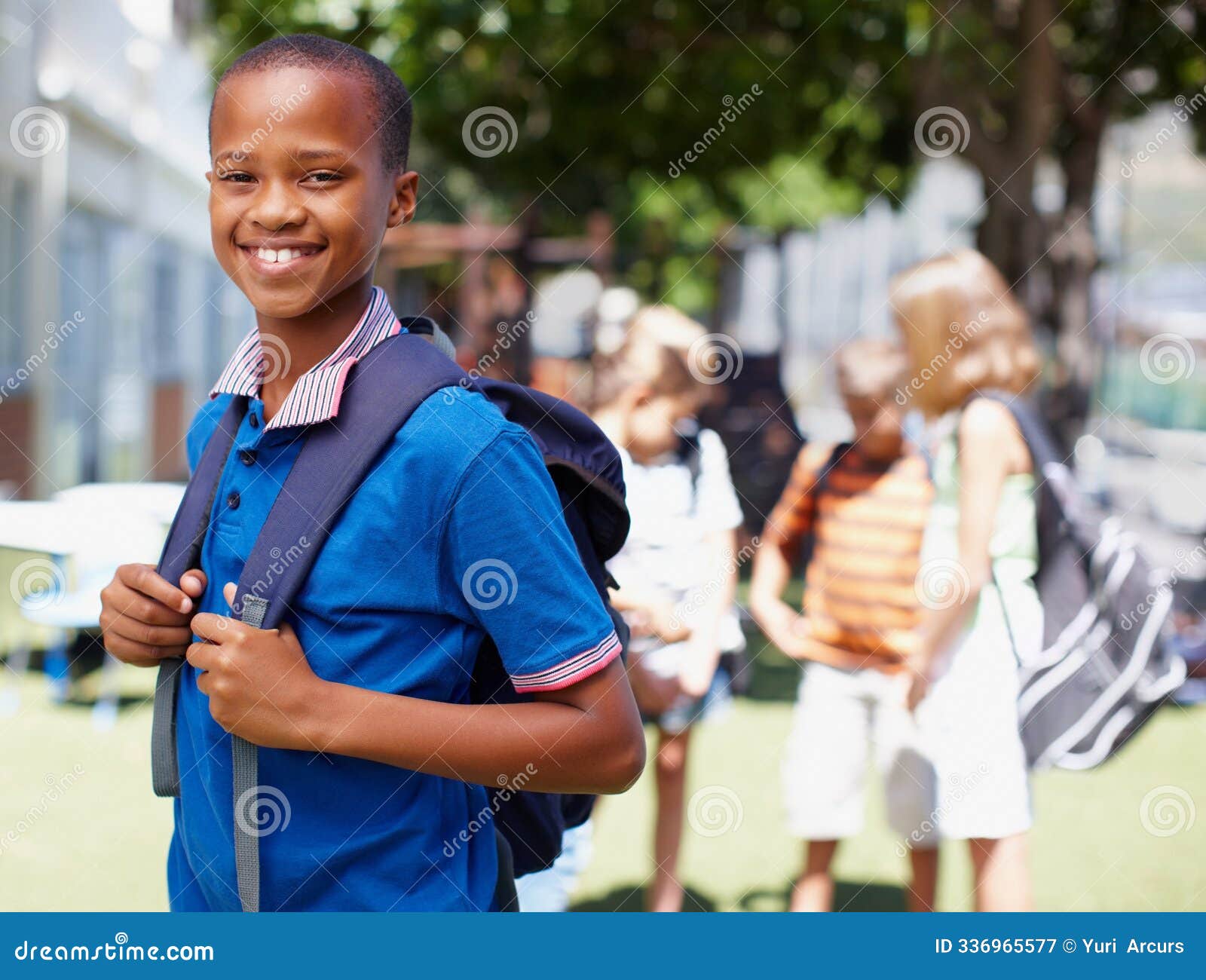 Portrait, Learning and Backpack with Boy at School for Education ...