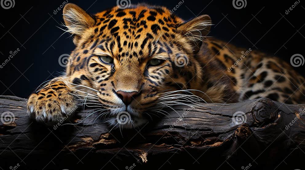 Portrait of a Leopard Lying on a Log Stock Illustration - Illustration ...