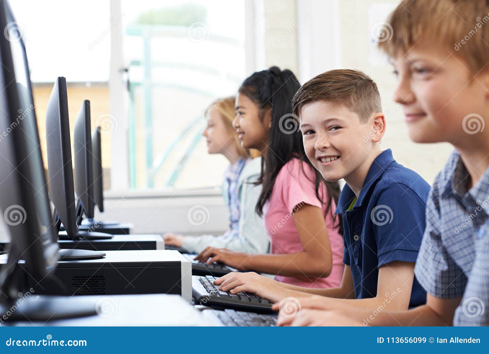 Portrait of Line of Elementary Pupils in Computer Class Stock Image ...