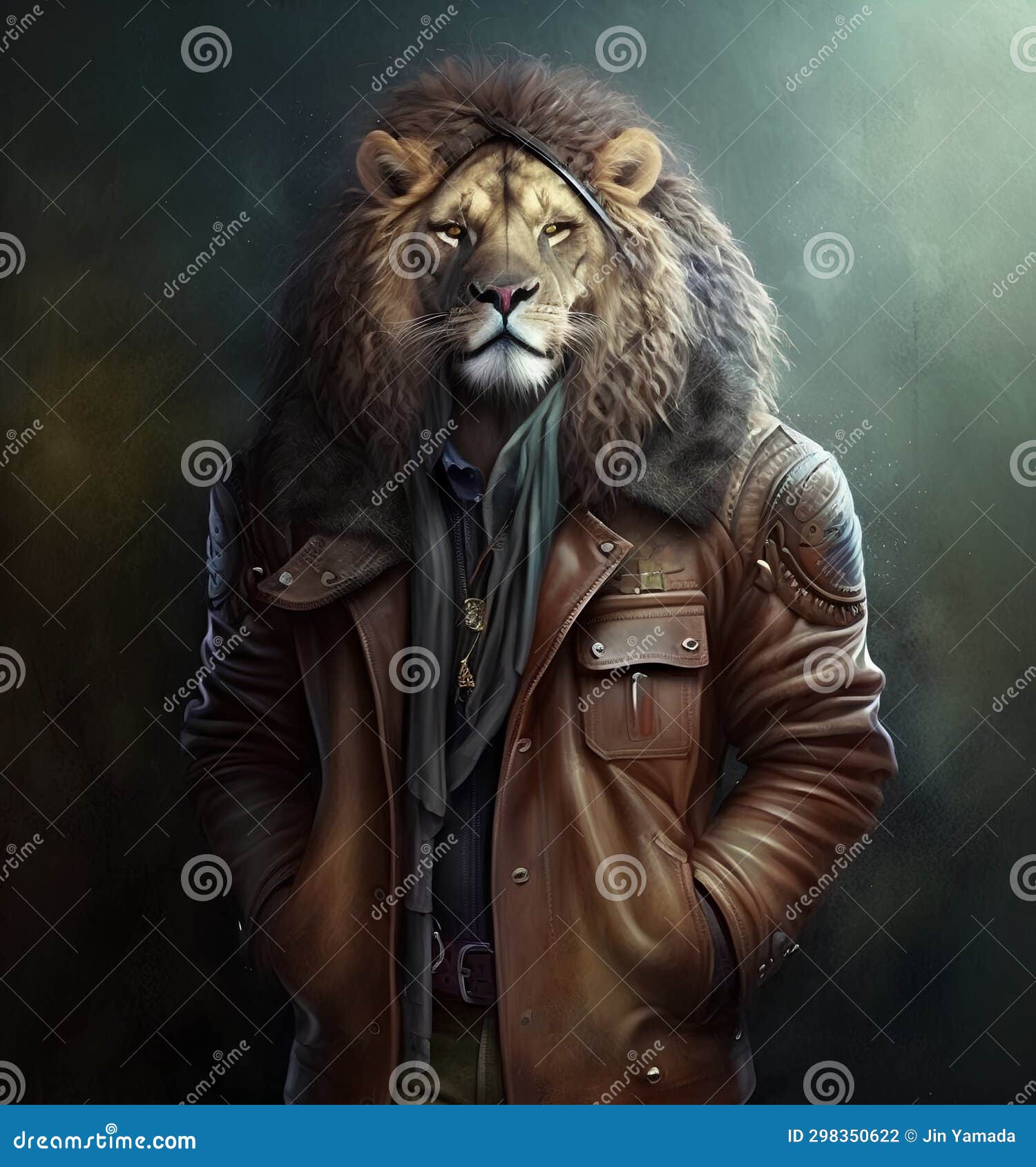 Portrait of a Lion in a Leather Jacket and a Hat. Stock Photo - Image ...