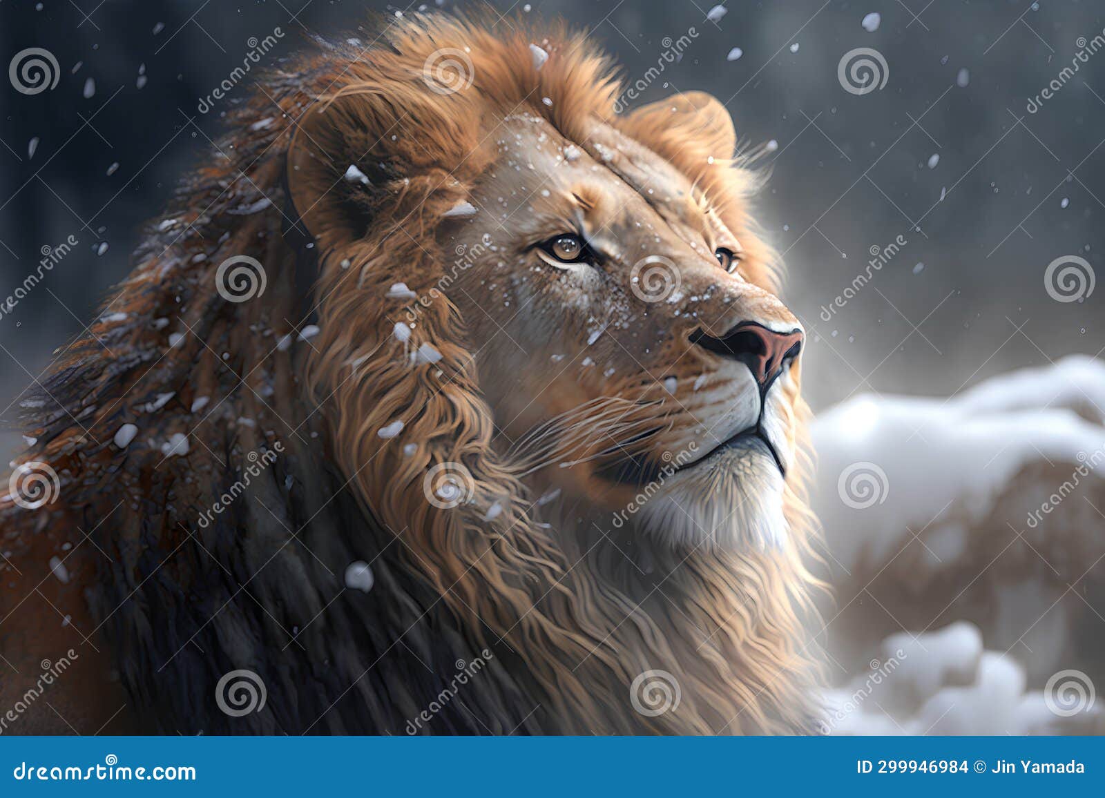 Portrait of a Lion in the Snowy Forest. 3d Rendering Stock Illustration ...
