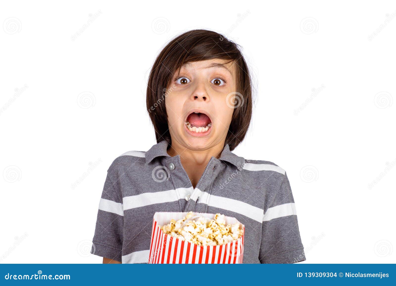 Little Boy with Shock Expression and Popcorn Stock Photo - Image of ...
