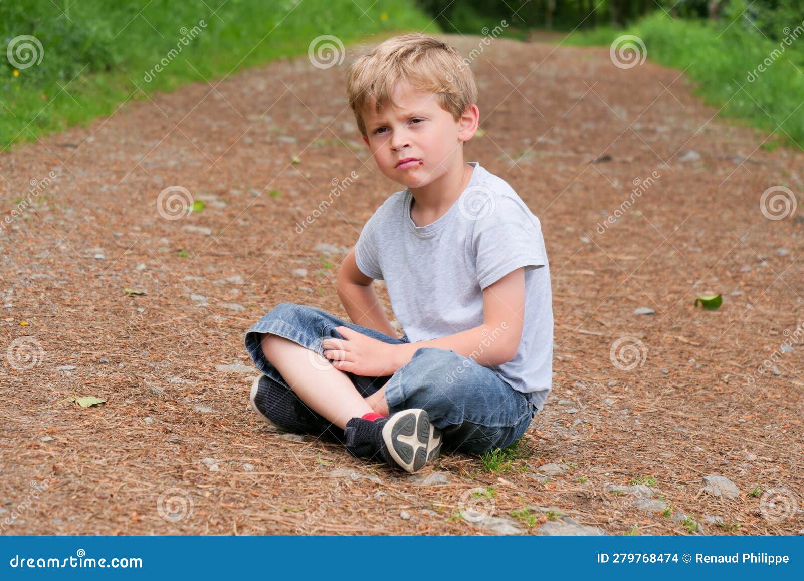 Portrait of Little Boy Sitting Alone in the Nature Stock Photo - Image ...