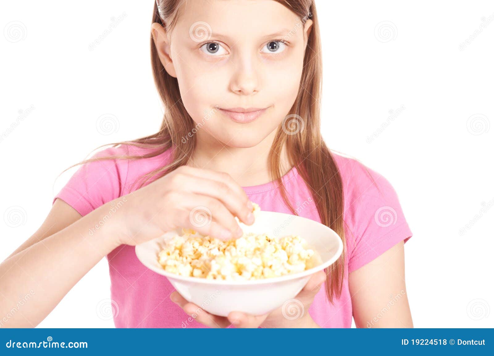 Portrait of a Little Girl with Popcorn on White Stock Photo - Image of ...