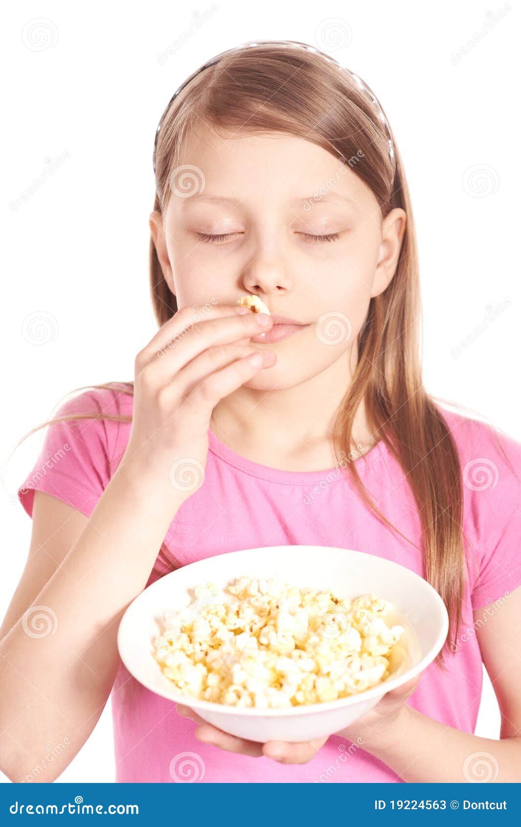 Portrait of a Little Girl with Popcorn on White Stock Image - Image of ...