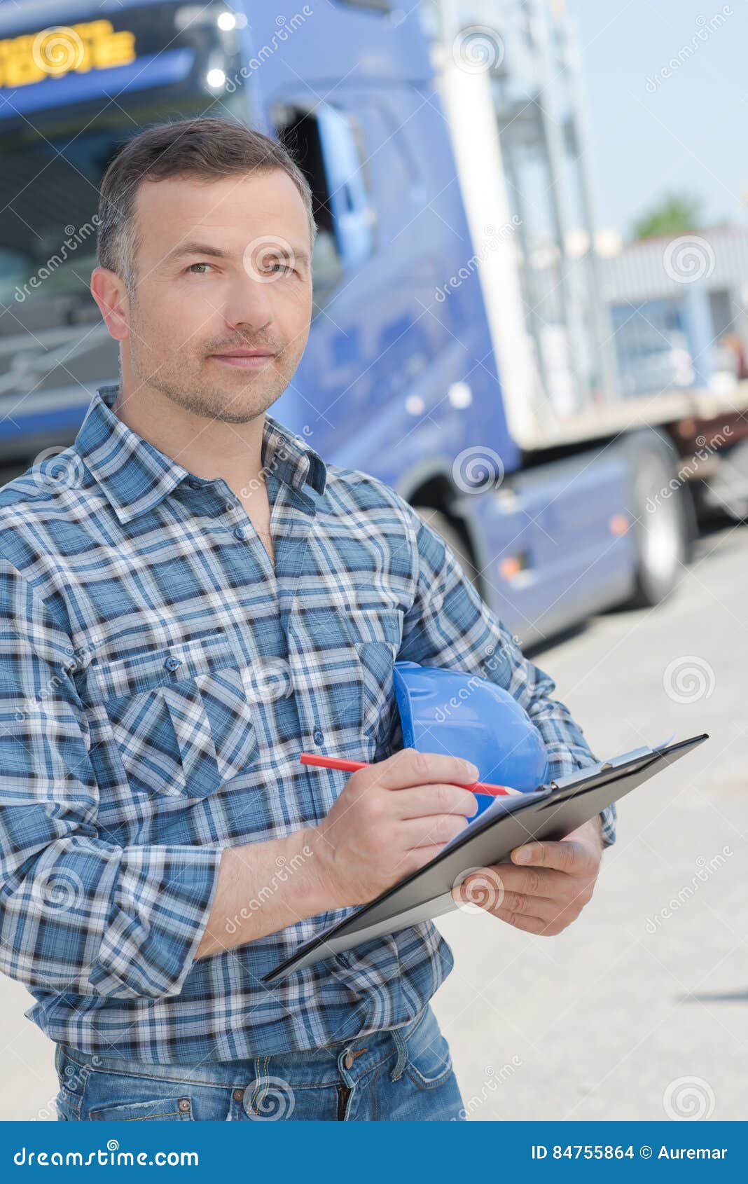 Portrait Lorry Driver with Clipboard Stock Photo - Image of holding ...