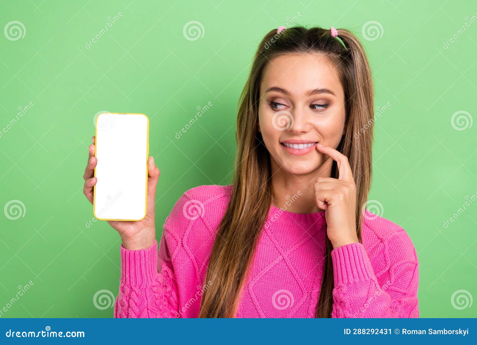 Portrait Of Lovely Girl With Straight Hair Wear Knit Pullover Finger On