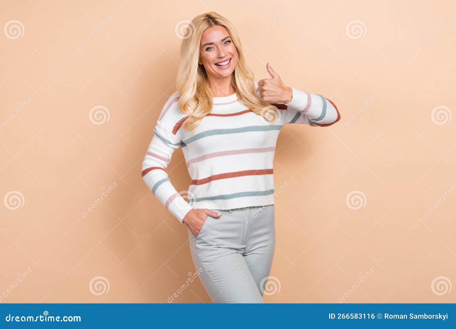 Portrait Of Lovely Optimistic Girl Wavy Hairdo Wear Striped Pullover